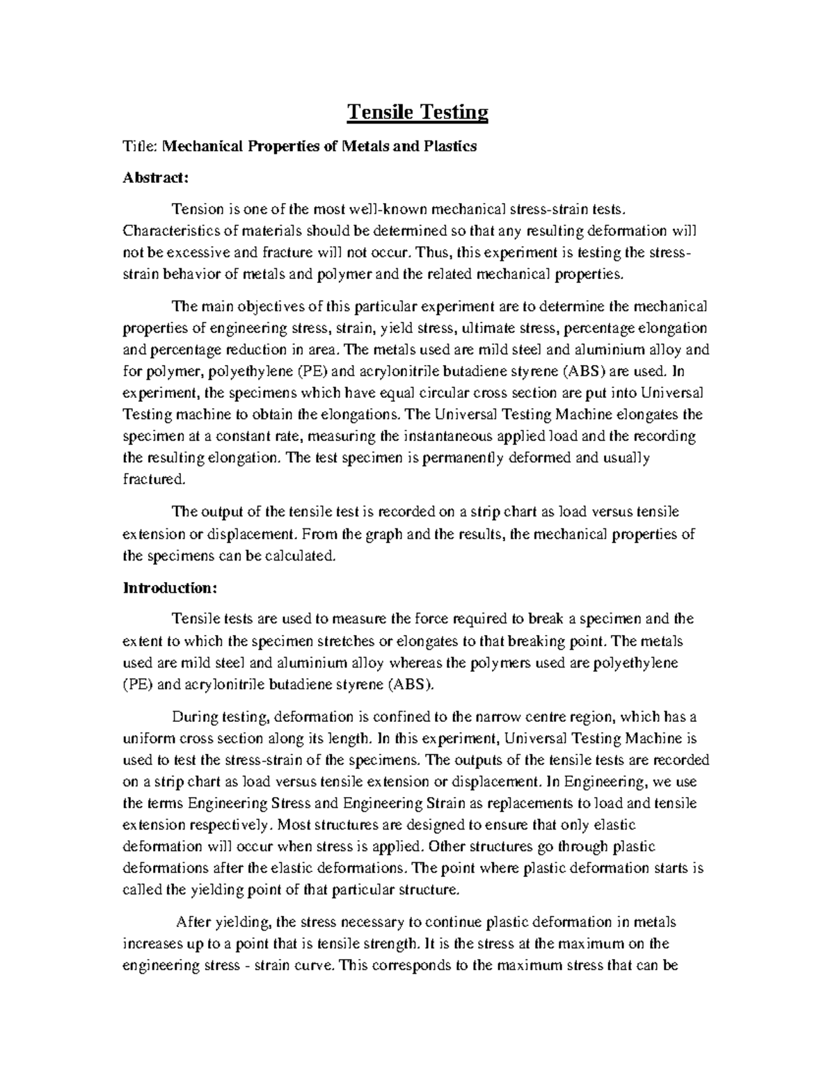 Tensile Strength report A+ Lab report Material science ENGN 3601 ...