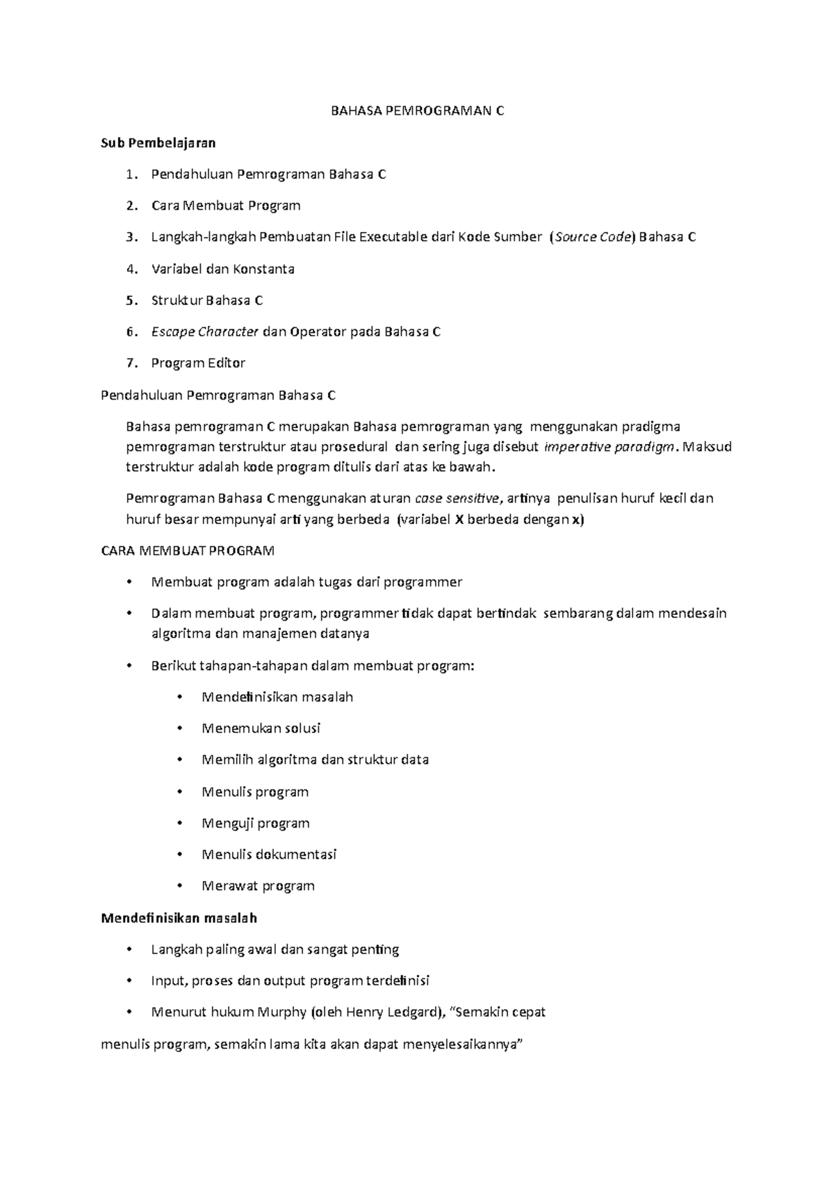 Pengenalan Bahasa Pemrograman C - BAHASA PEMROGRAMAN C Sub Pembelajaran ...