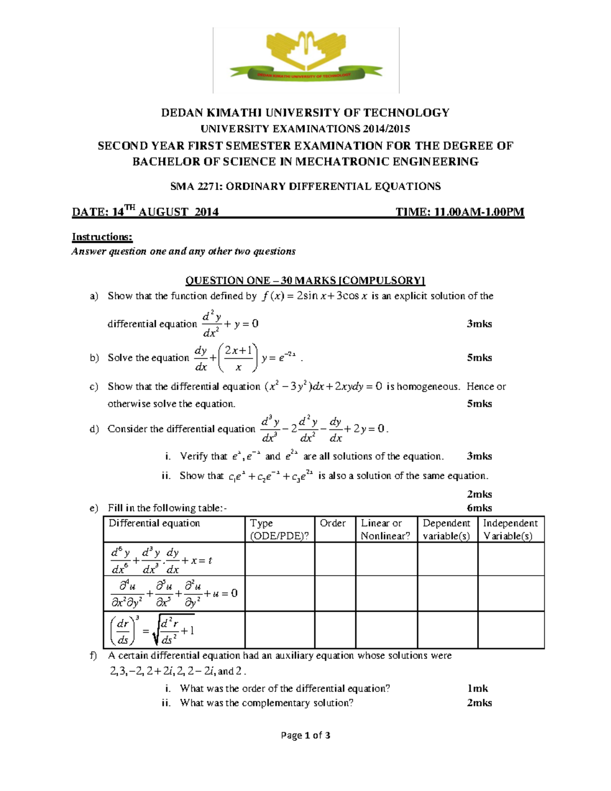 SMA2271ODE Mechatronics Final EXAM - Print Ready - Page 1 of 3 DEDAN ...