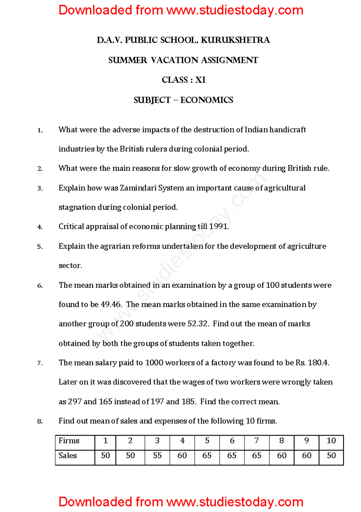 CBSE Class 11 Economics Revision Worksheet Set E - - Studocu
