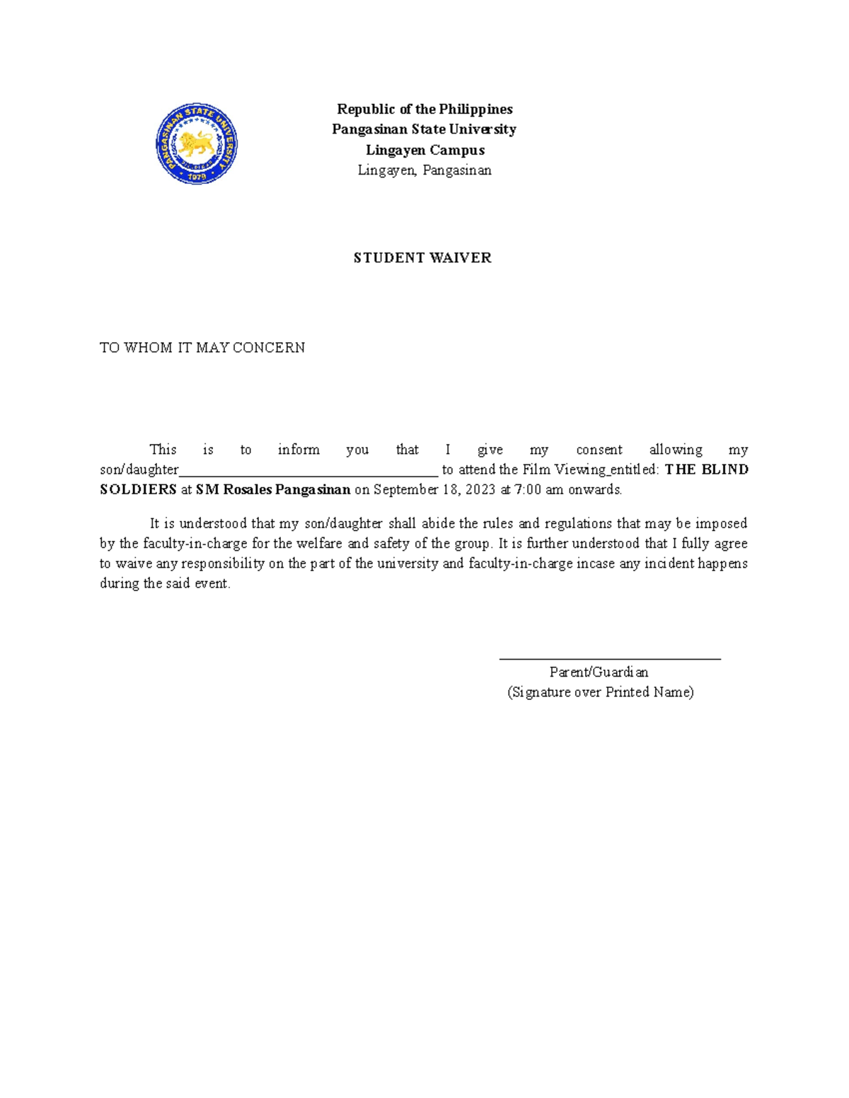 Film Viewing entitled The Blind Soldiers - Republic of the Philippines ...