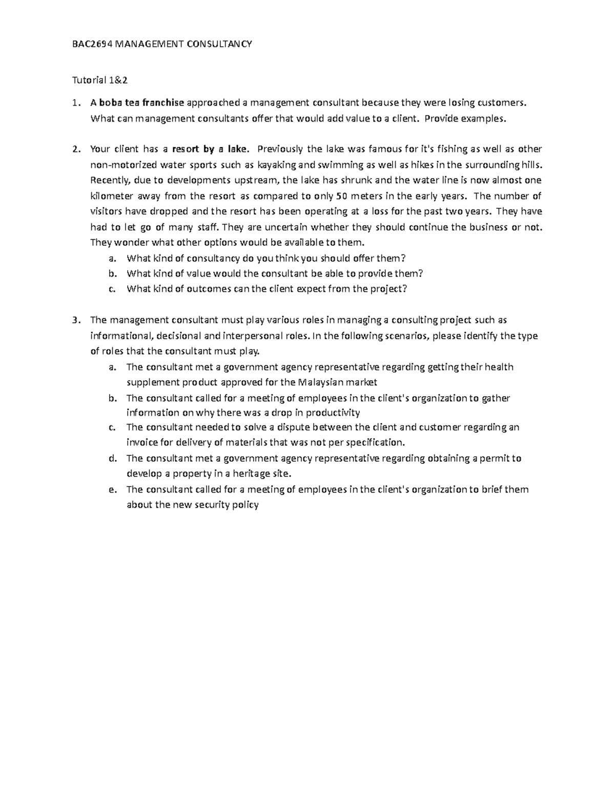 BAC2694 Tutorial 1&2 - tuto 1&2 for Management Consultancy - BAC2694 ...