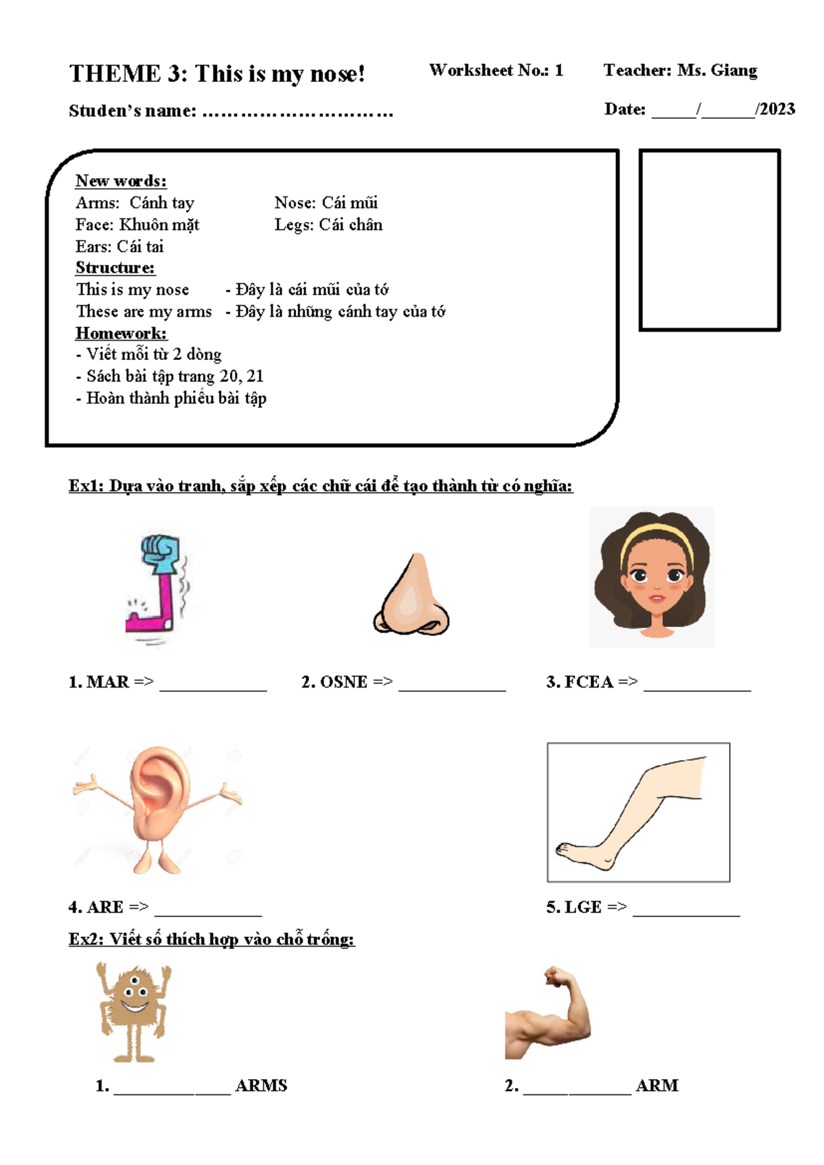 4. Theme 3- this is my nose - THEME 3: This is my nose! Worksheet No ...