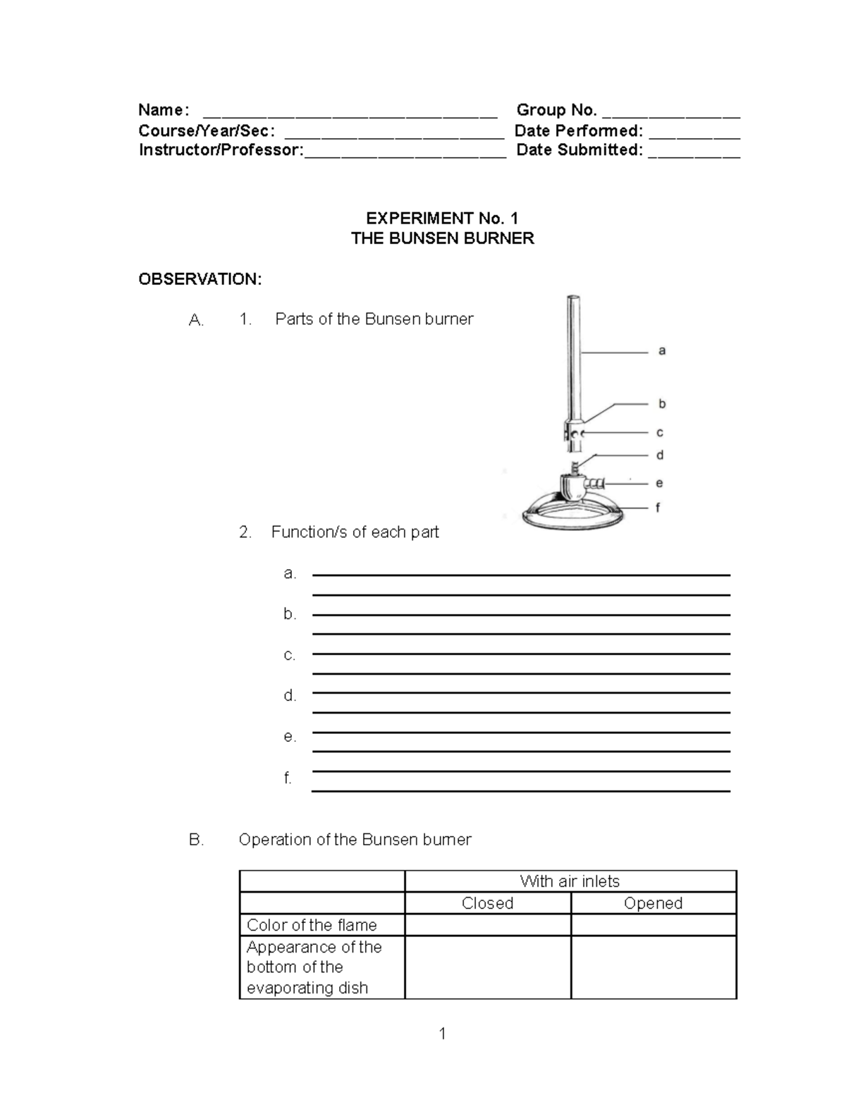 Activity 1 Lab Report The Bunsen Burner - 1 Name ...