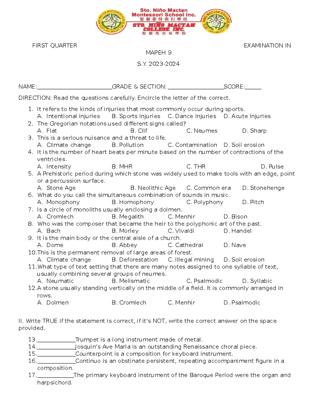 First Quarter EXAM IN Mapeh 9 - FIRST QUARTER EXAMINATION IN MAPEH 9 S ...