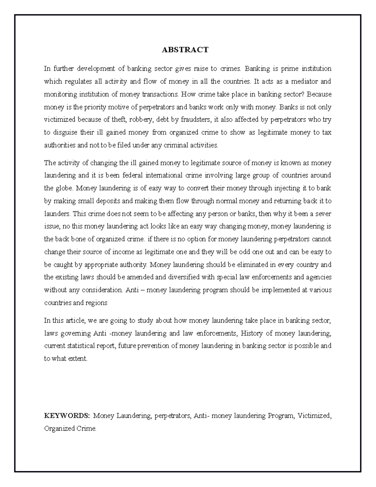 Critical analysis on money laundering in banking sector - ABSTRACT In ...