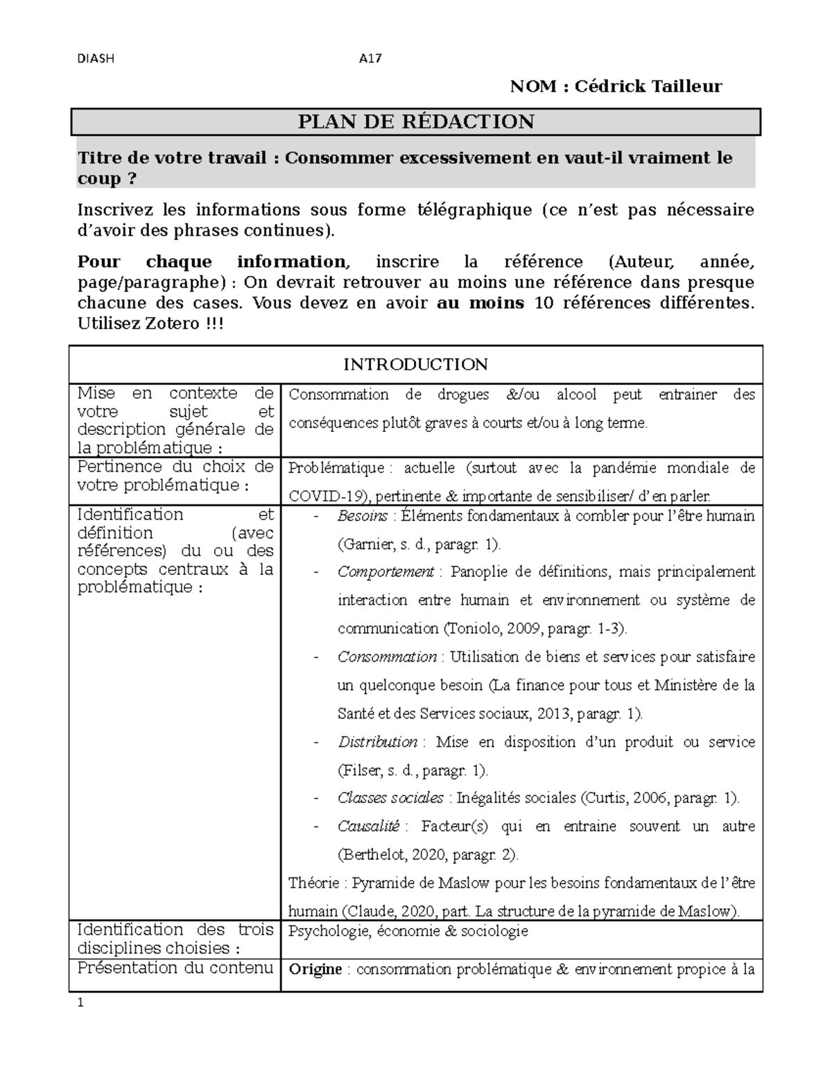 Exemple EL de plan detaille - NOM : Cédrick Tailleur PLAN DE RÉDACTION ...