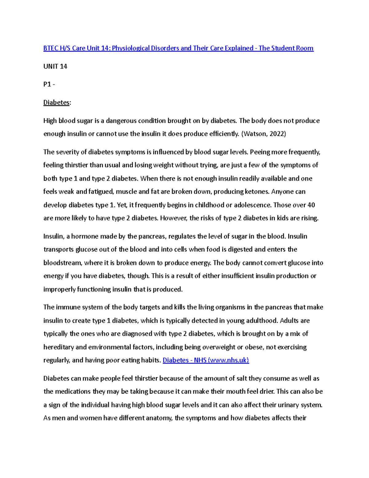 UNIT 14 - unit 14 assignments done. - BTEC H/S Care Unit 14 ...