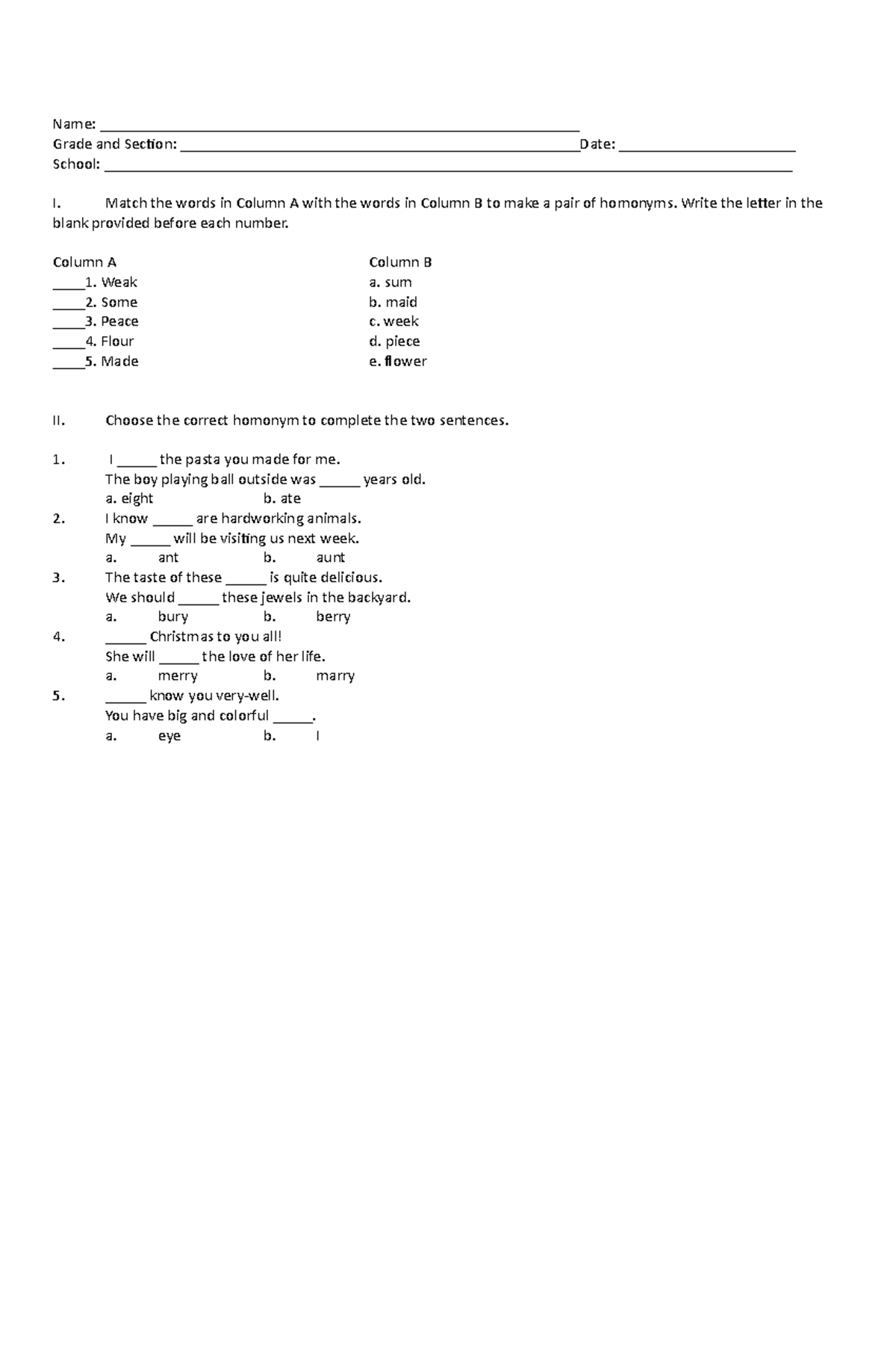 Homonyms - Activity - Name ...