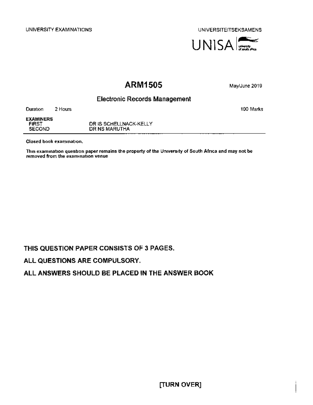 ARM1505 2019 6 E 1 Archiving and Records Management Exam prep - ARM1505 ...