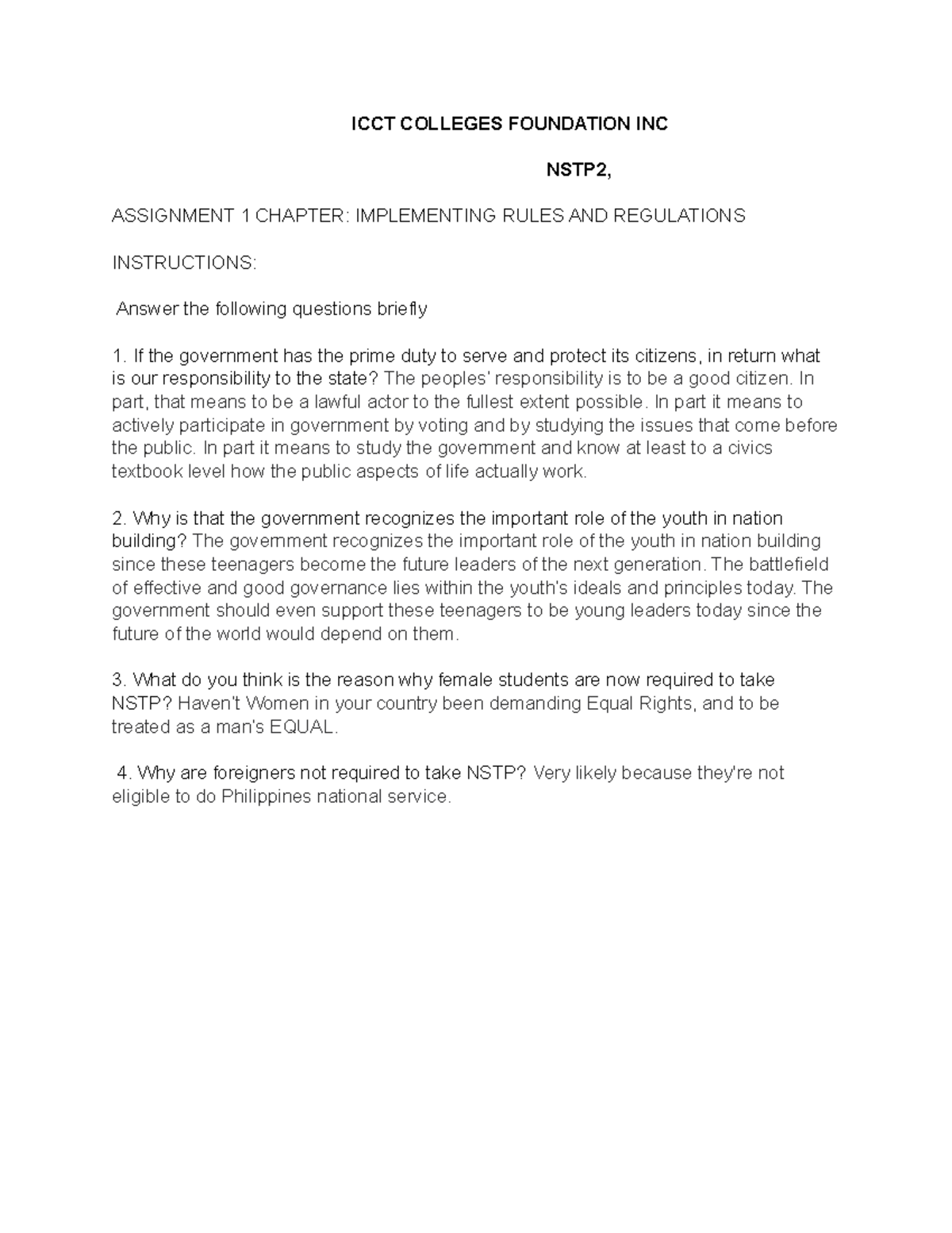 Chapter 1 Assignment - sfsfsf - ICCT COLLEGES FOUNDATION INC NSTP2 ...