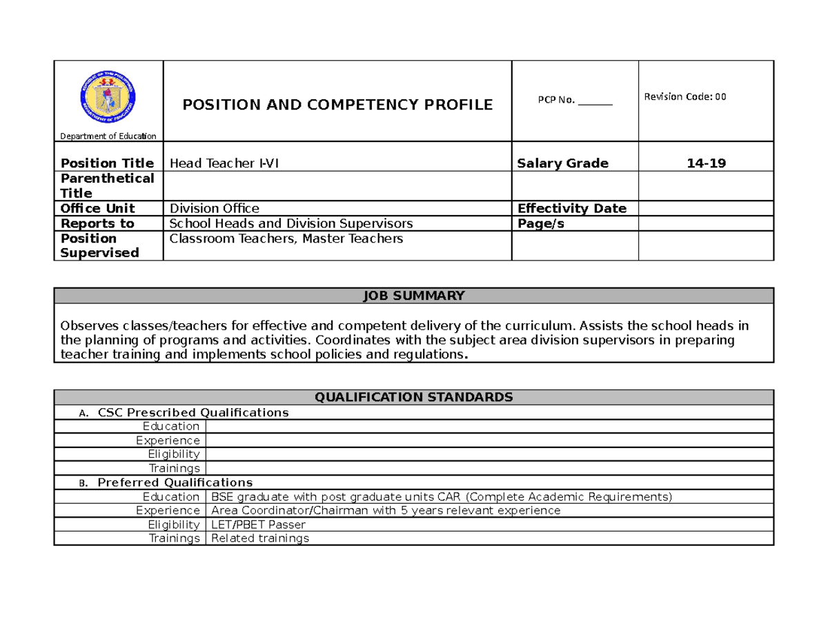 Head-teacher - Additional knowledge - Department of Education POSITION ...