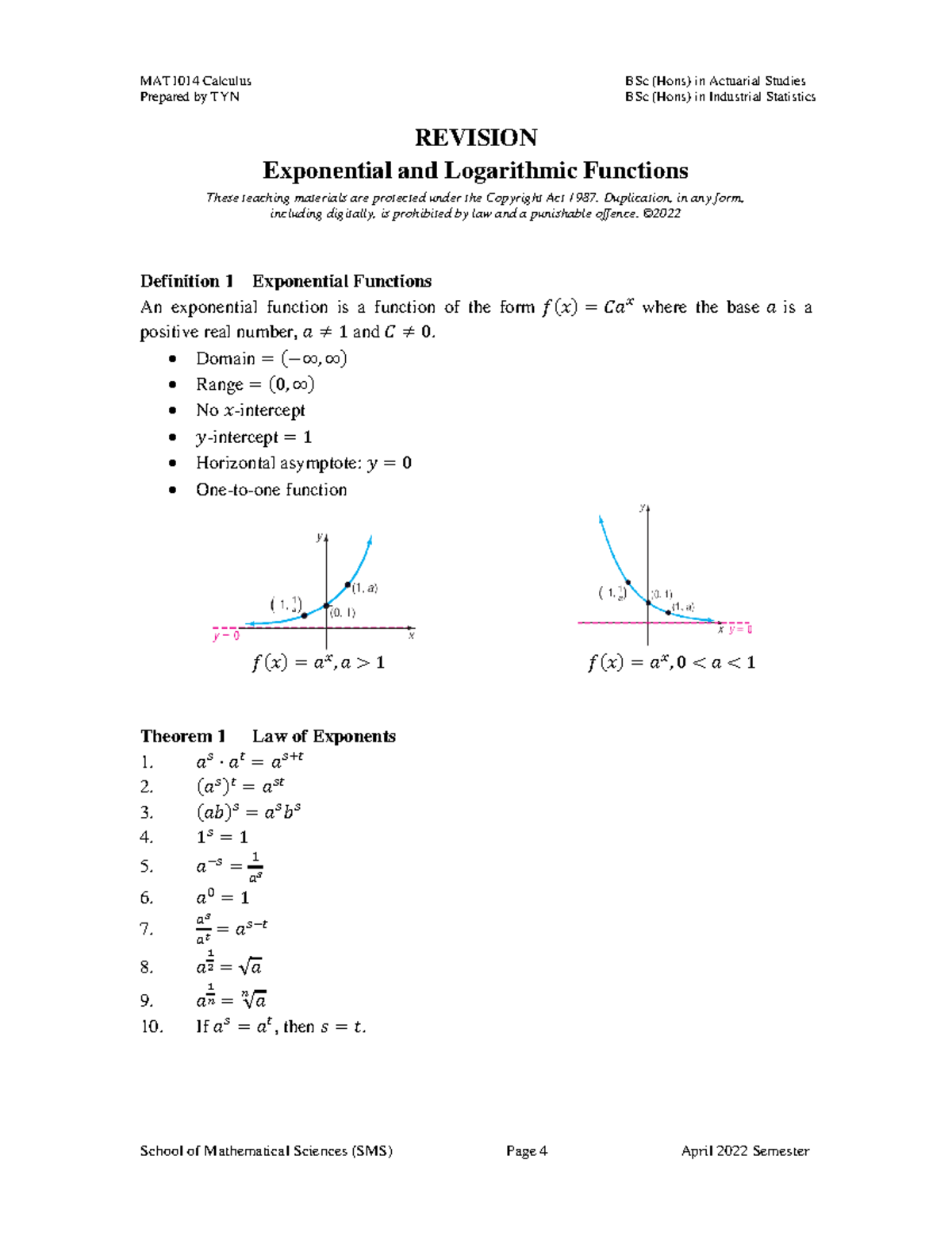Revision Exponential and Logarithmic Functions - Prepared by TYN BSc ...