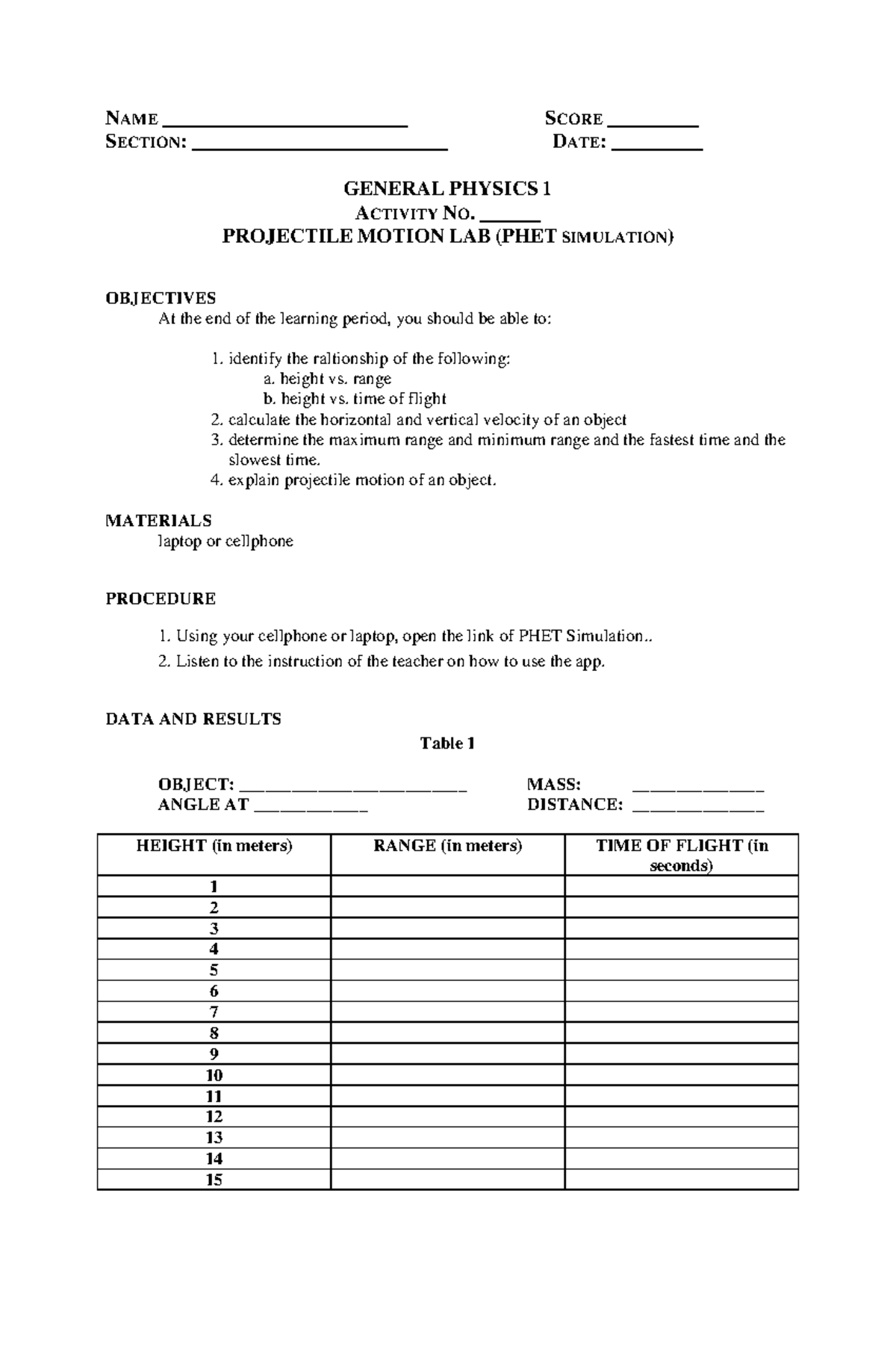 GP1 Activity Projectile Motion 1 - NAME ________________________ SCORE _________ SECTION: - Studocu