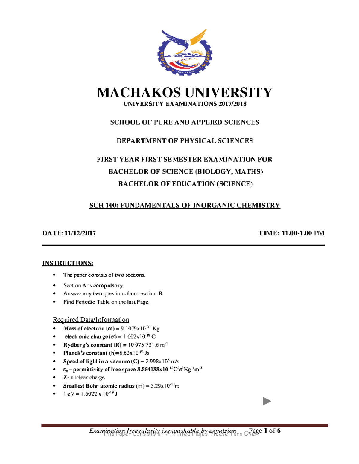 SCH100 V1 2017-2018 exams - Examination Irregularity is punishable by ...