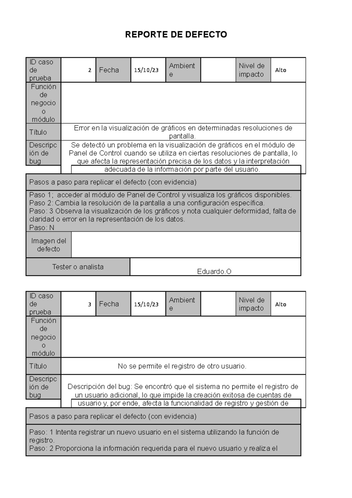 Plantilla registro de defectos - REPORTE DE DEFECTO ID caso de prueba 2 ...