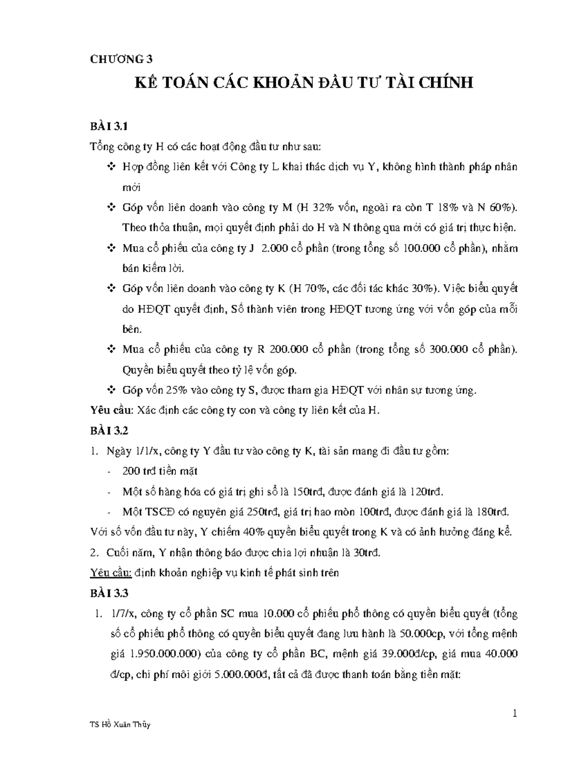 C3- BAI TAP KE TOAN DAU TU TAI Chinh - 1 CHƯƠNG 3 KẾ TOÁN CÁC KHOẢN ĐẦU ...
