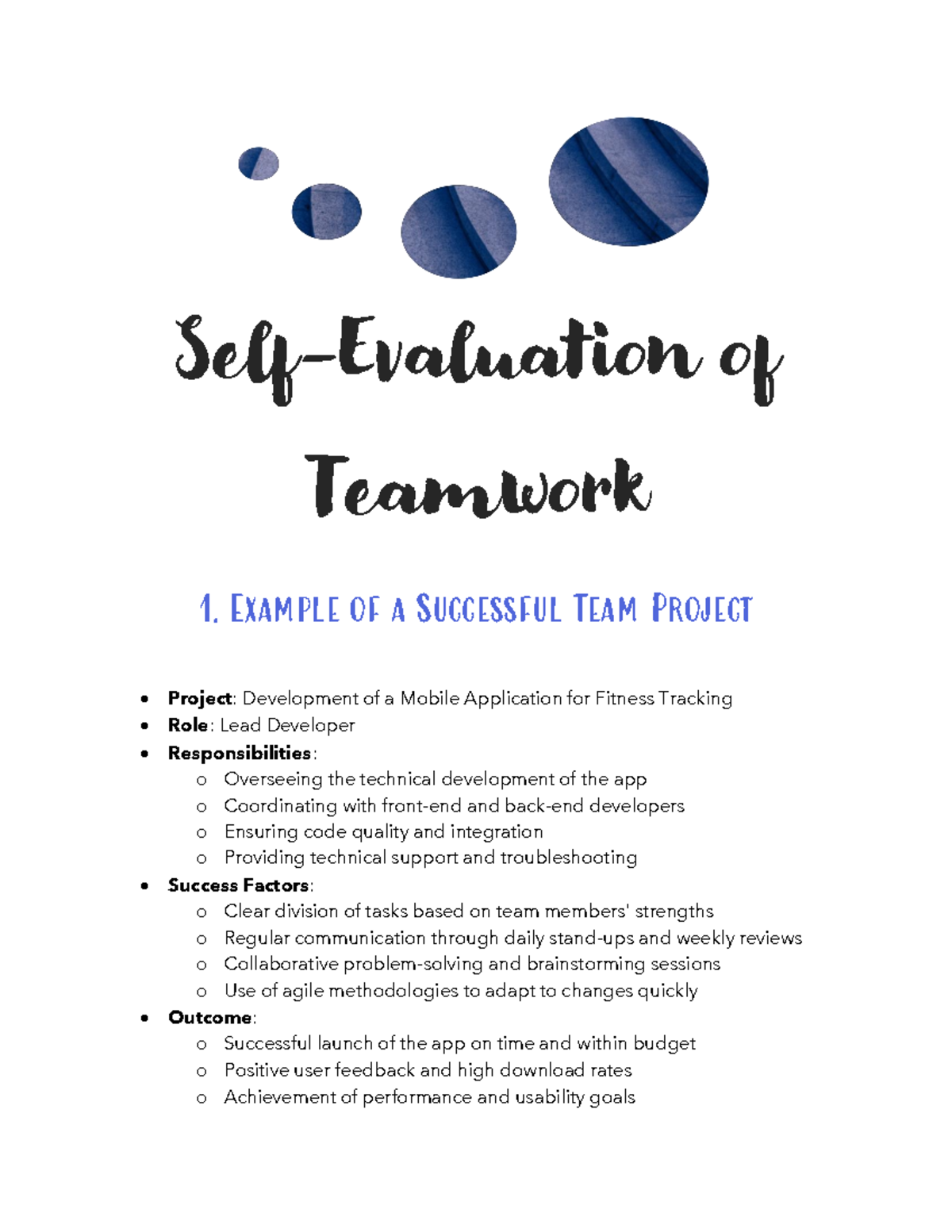 Self-Evaluation of Team Work - Self-Evaluation of Teamwork 1. Example ...
