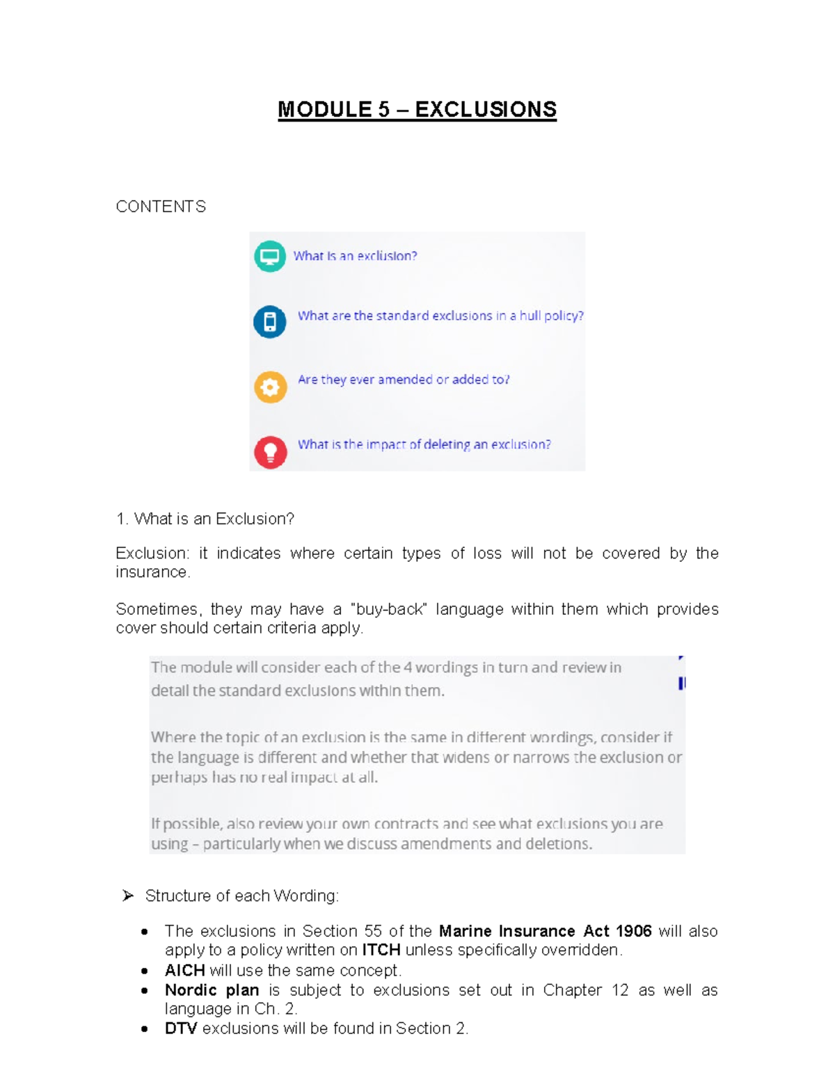 Module 5 - IUMI - trabajo sobre maritima - MODULE 5 – EXCLUSIONS CONTENTS What is an Exclusion ...