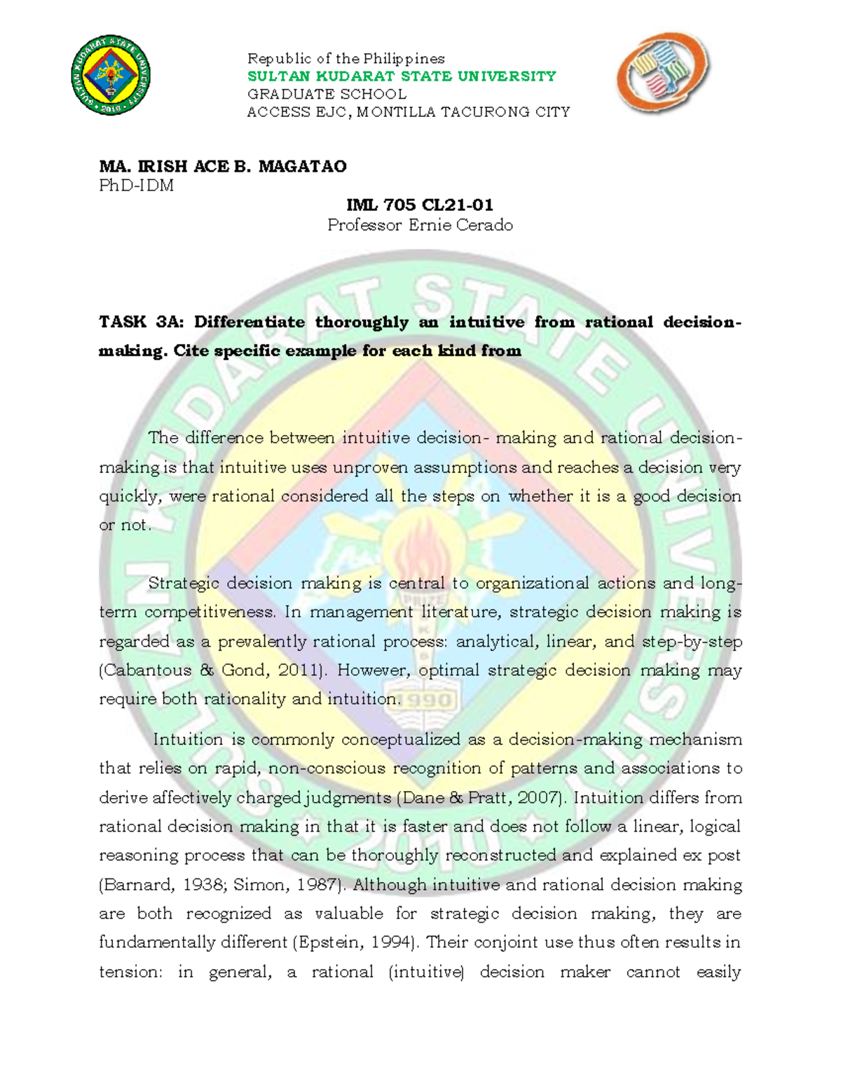 Magatao TASK3A - essay - SULTAN KUDARAT STATE UNIVERSITY GRADUATE SCHOOL ACCESS EJC, MONTILLA ...