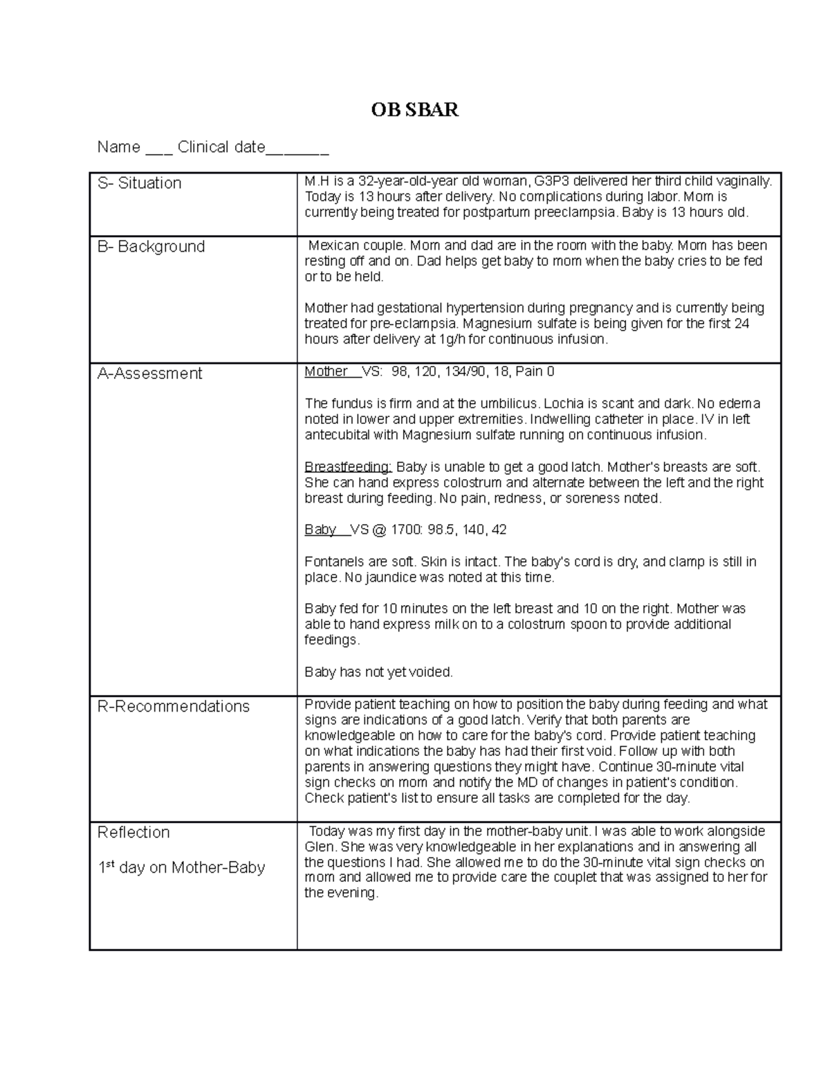 MC SBAR OB - SBAR - OB SBAR Name ___ Clinical date_______ S- Situation ...