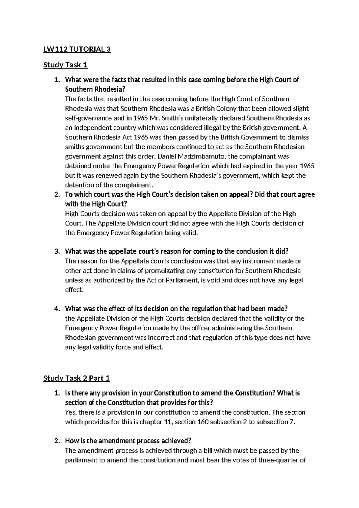 LW112 Tutorial wk4 - LW112 TUTORIAL 3 Study Task 1 What were the facts ...