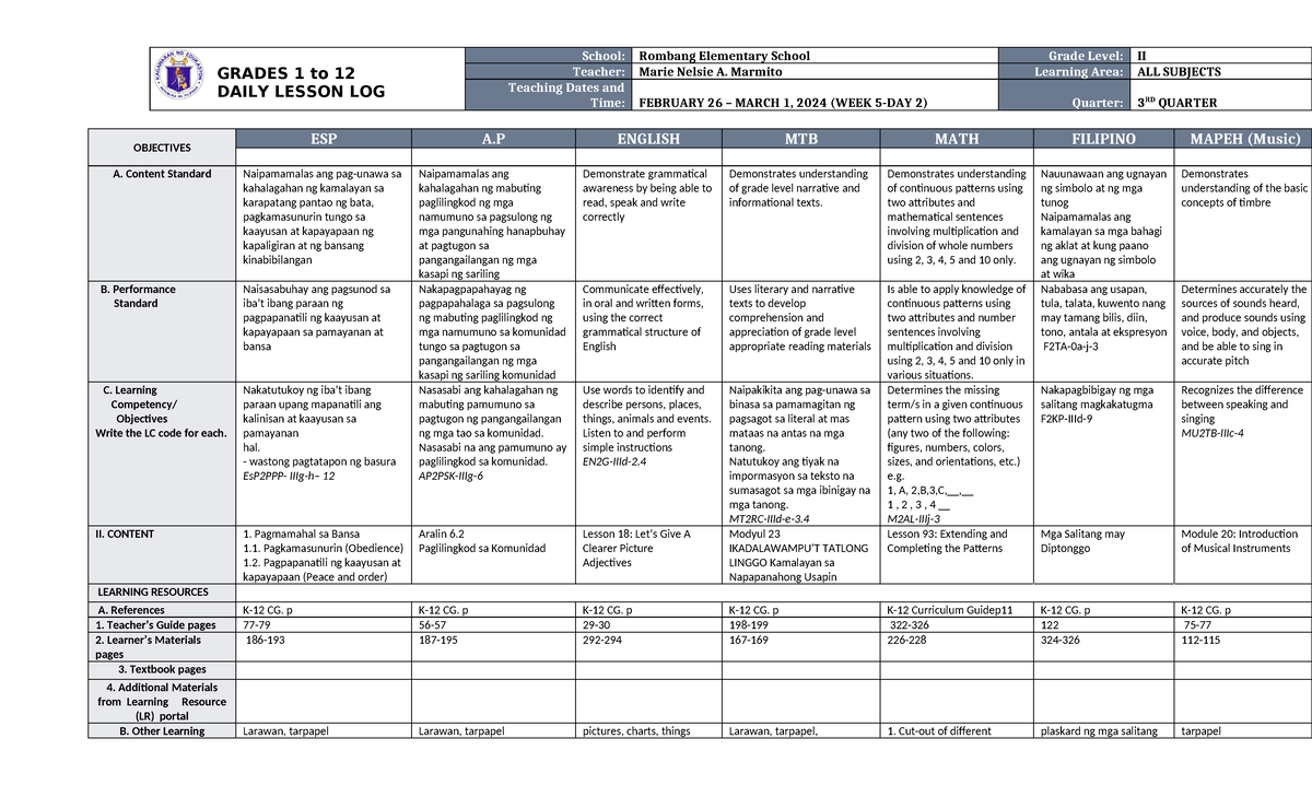 DLL ALL Subjects 2 Q3 W5 D2 - GRADES 1 to 12 DAILY LESSON LOG School ...