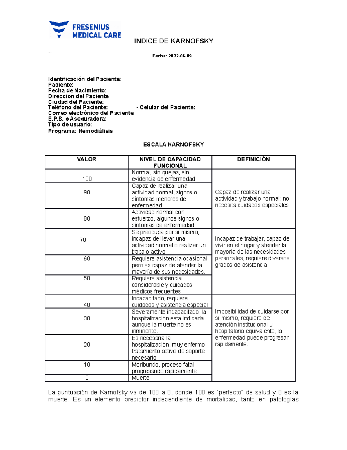 Formato Escala Karnofsky - INDICE DE KARNOFSKY INDDD IND Fecha: 2022-06 ...