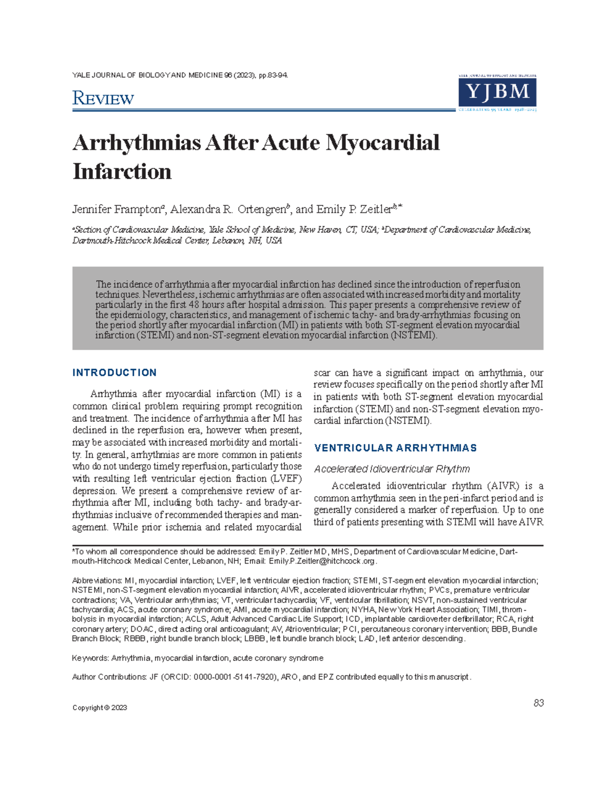 Arrhythmias After Acute Myocardial Infarction - YALE JOURNAL OF BIOLOGY ...