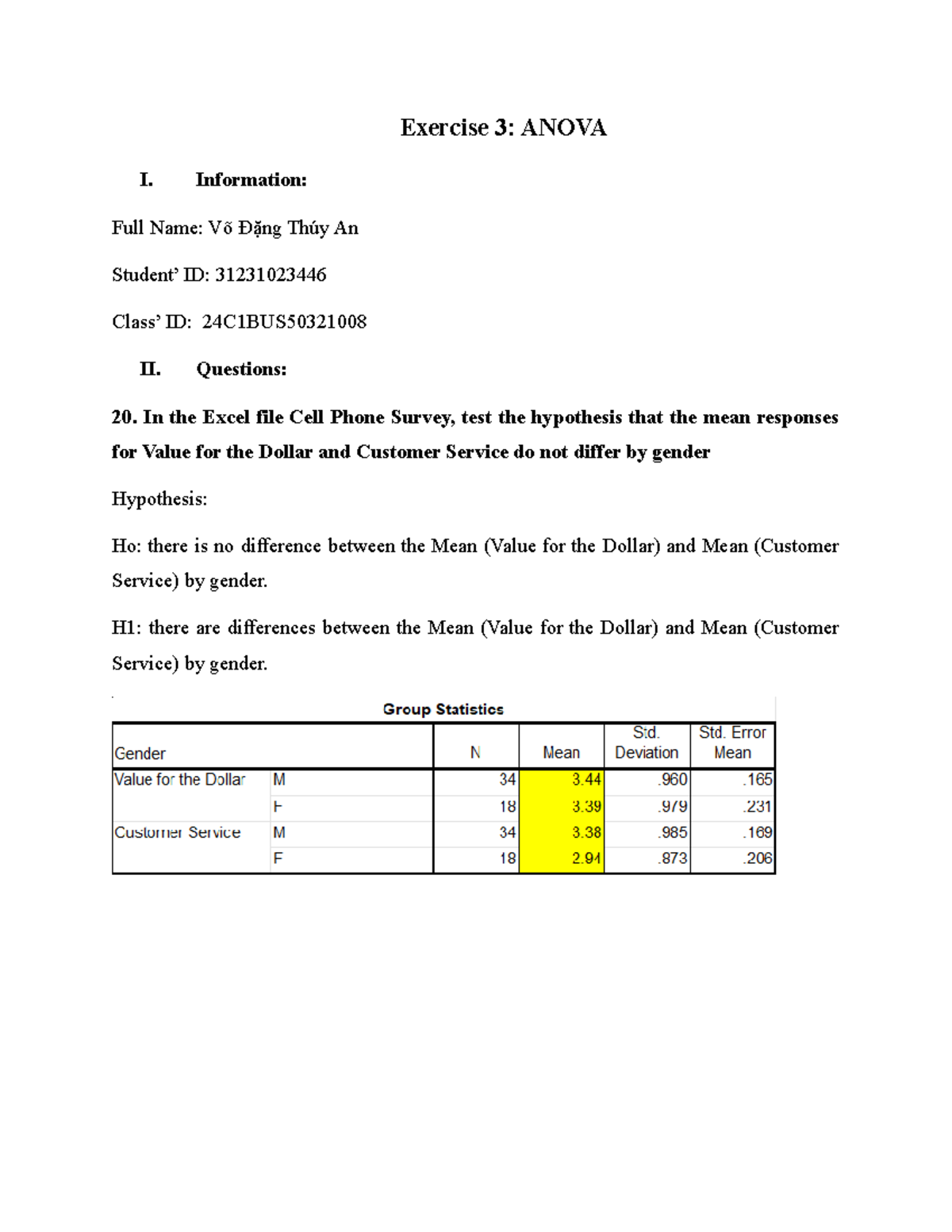 Exersice 3 Anova - Võ Đặng Thúy An - Exercise 3: ANOVA I. Information ...