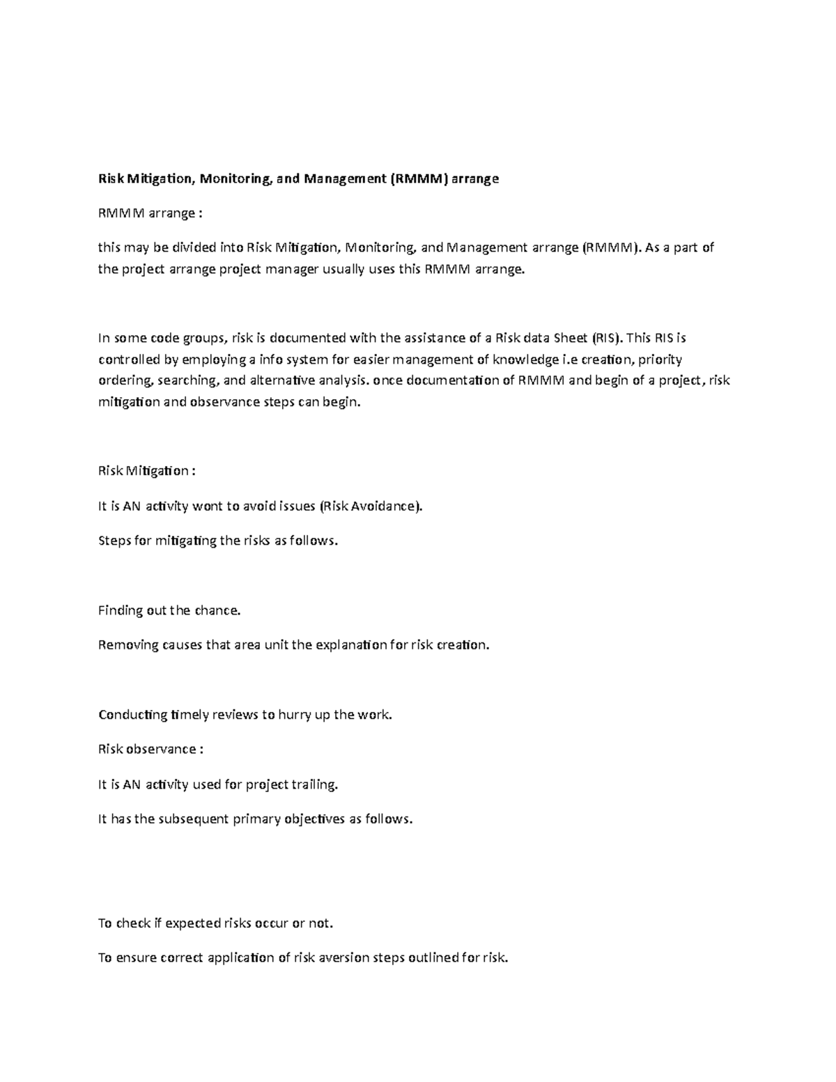 Risk Mitigation, Monitoring, and Management (RMMM) arrange - As a part ...