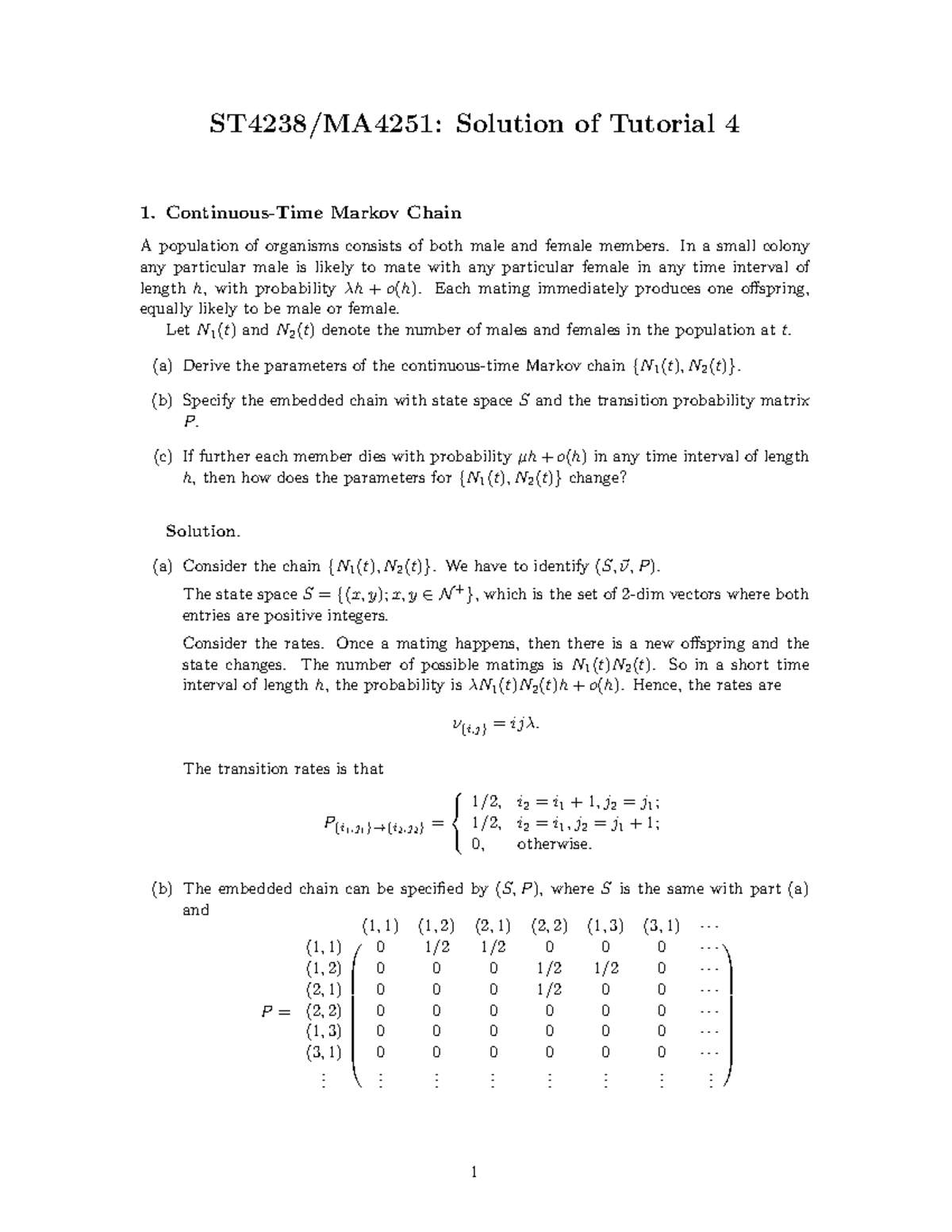Stochastic Processes 2 Sol4 St4238 Ma4251 Solution Of Tutorial 4 1 Continuous Time Markov