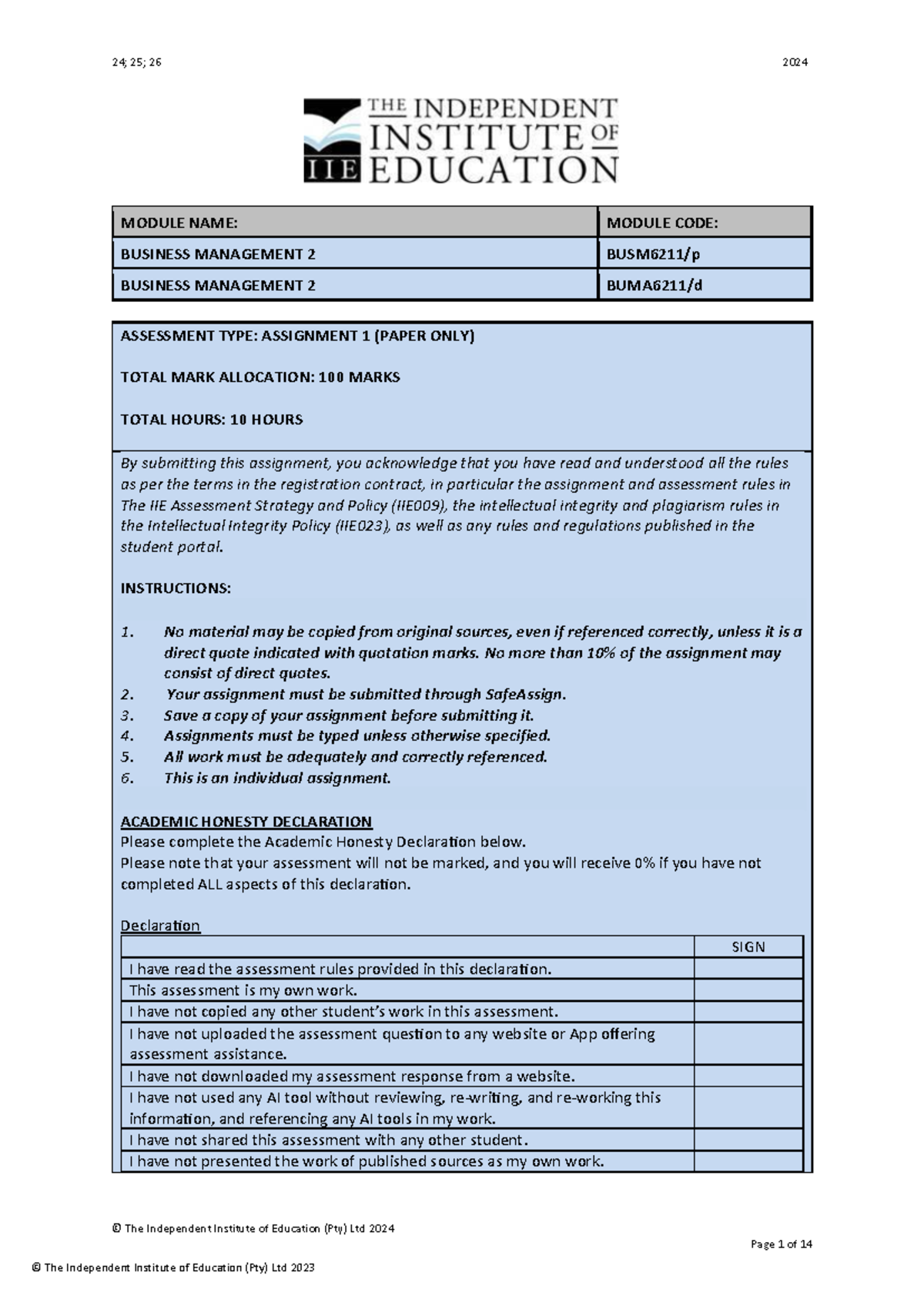 Business management assignment - © The Independent Institute of ...