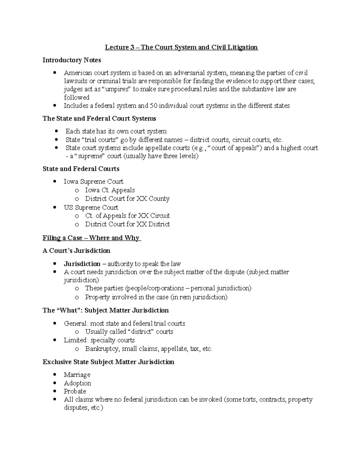 Lecture 3 - The Court System and Civil Litigation - Lecture 3 – The Court System and Civil - Studocu