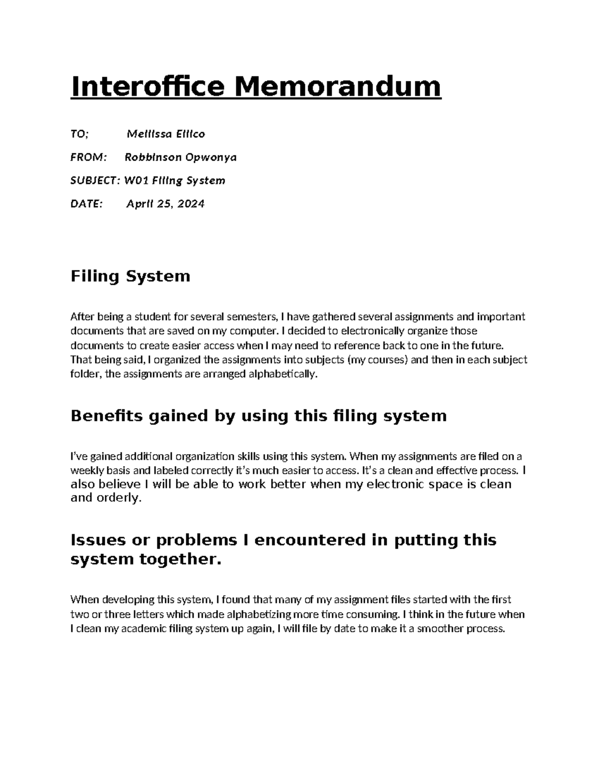 Opwonya Robbinson BUS 129 W01 Filing System - Interoffice Memorandum TO ...