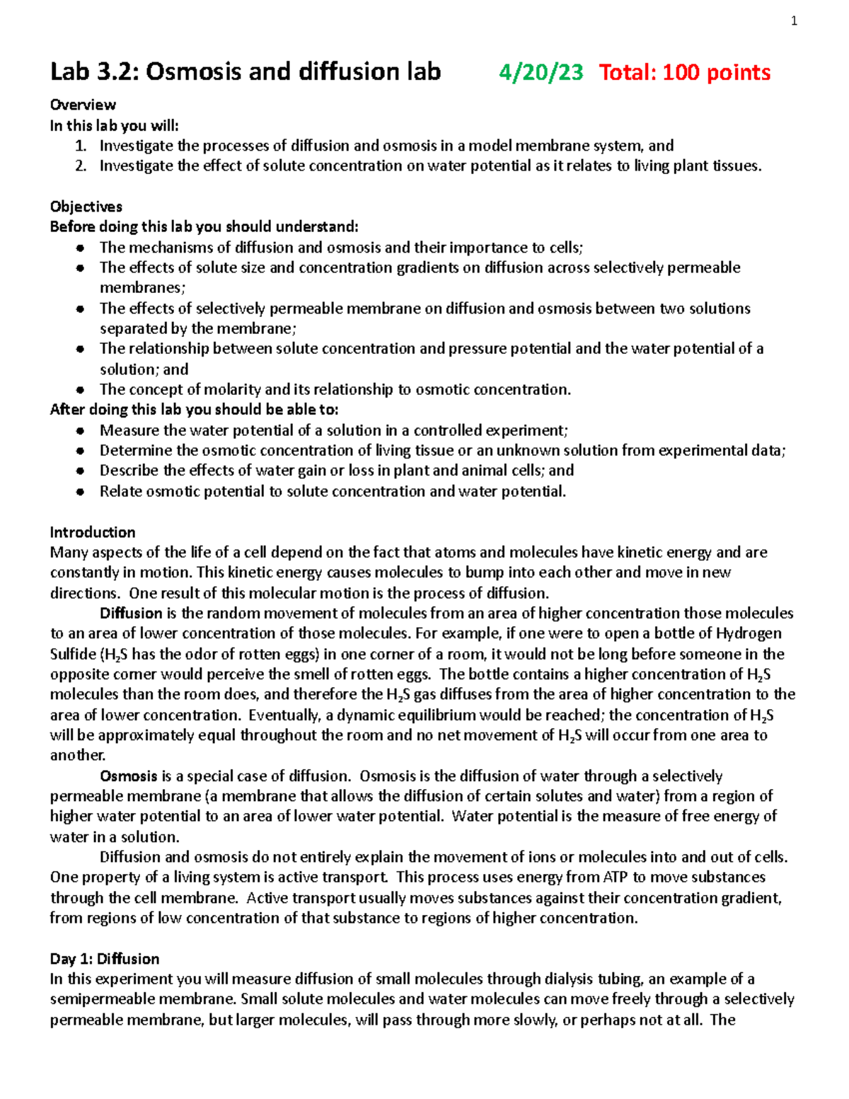 Lab 3.2- osmosis and difussion - Lab 3: Osmosis and diffusion lab 4/20/23 Total: 100 points ...