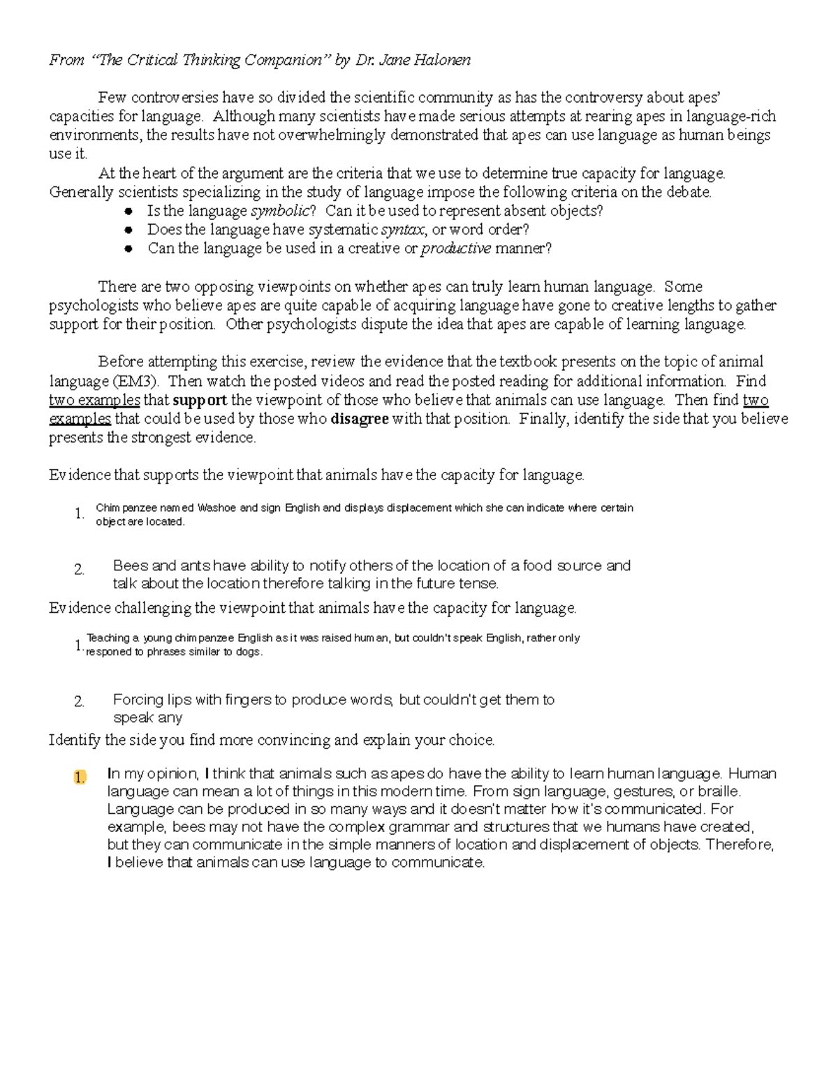 If We Could Talk to the Animals - From “The Critical Thinking Companion ...