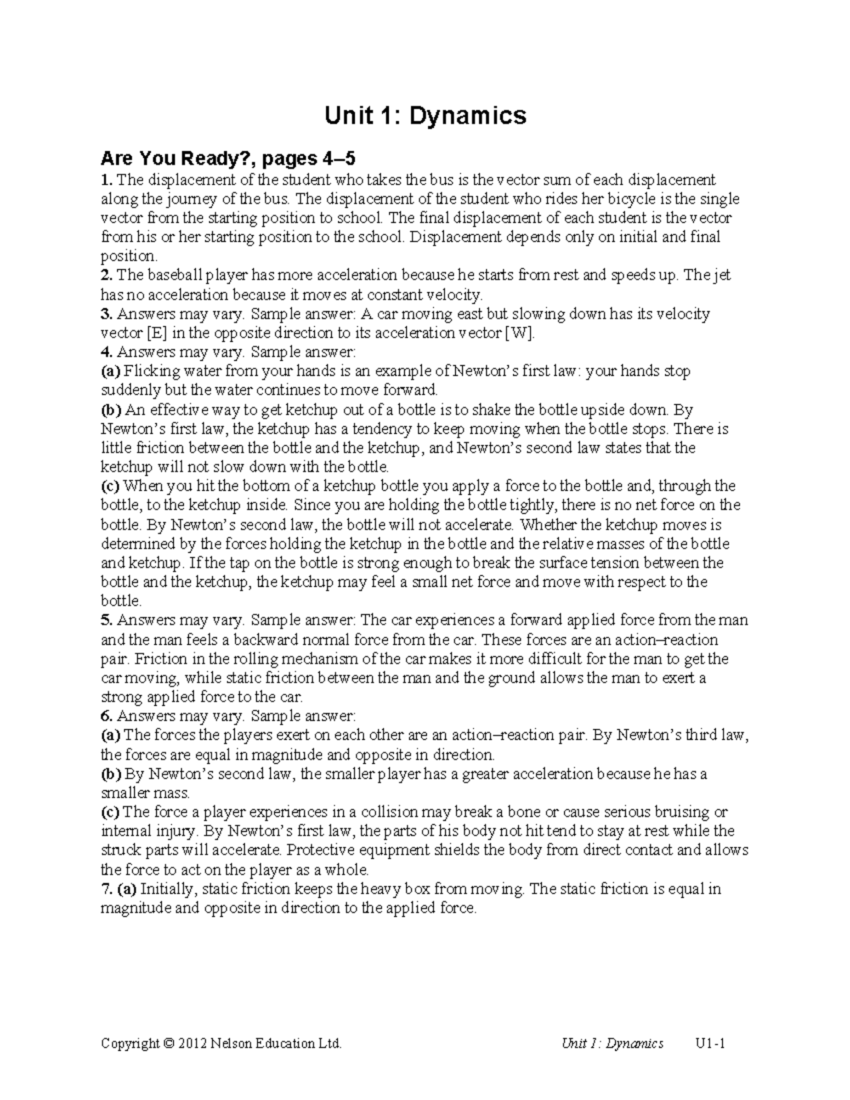 Phys12 sm unit1 o - Unit 1: Dynamics Are You Ready?, pages 4– The ...