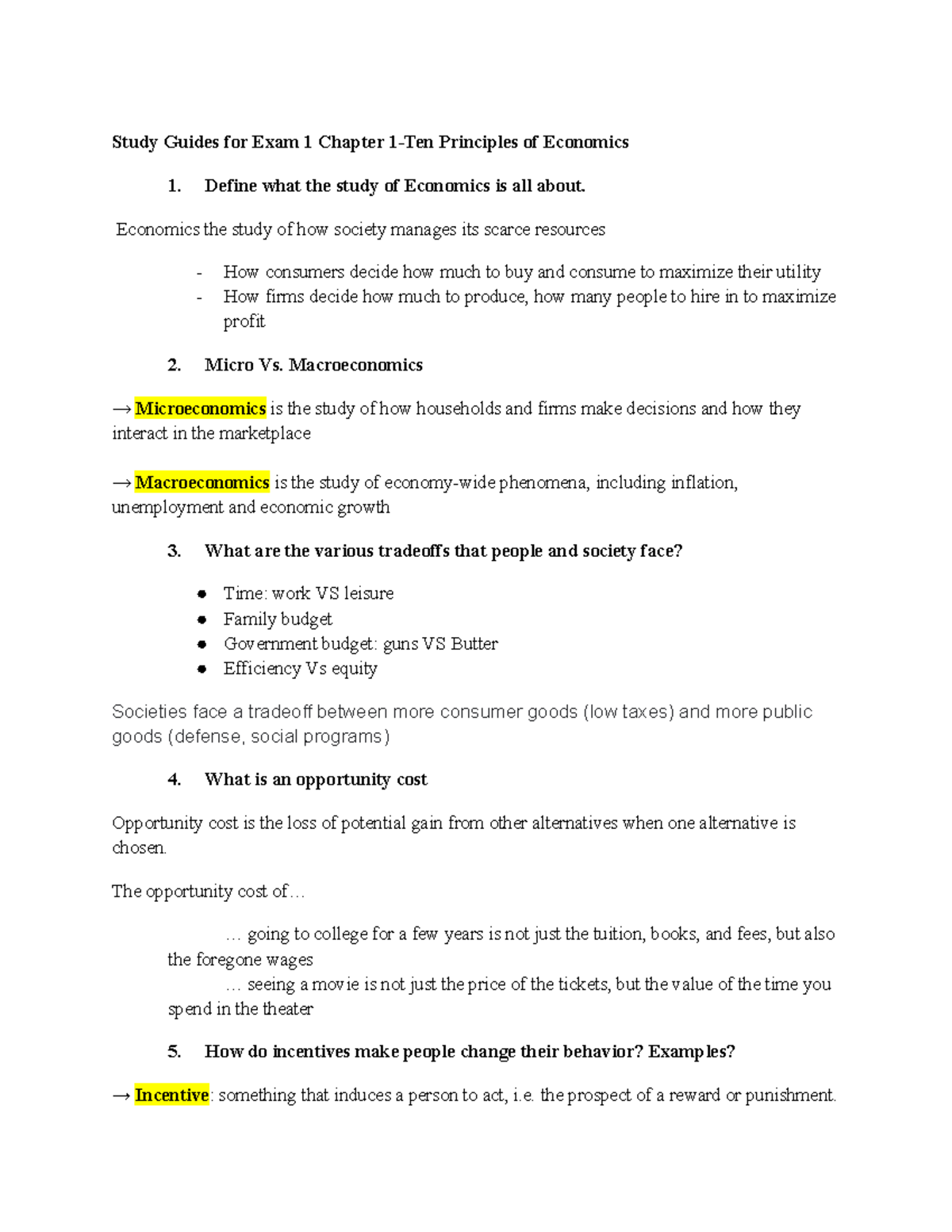 Econ exam study guide - Study Guides for Exam 1 Chapter 1-Ten ...