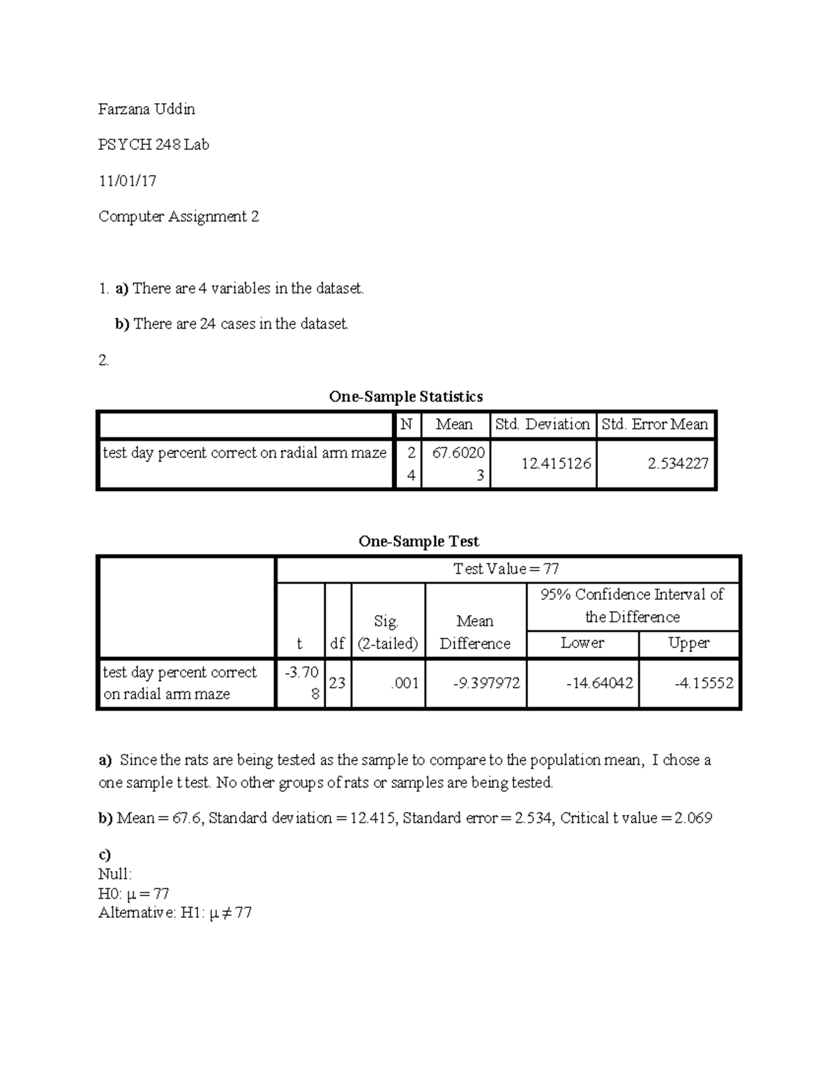 Computer assignment 2 - Farzana Uddin PSYCH 248 Lab Computer Assignment ...