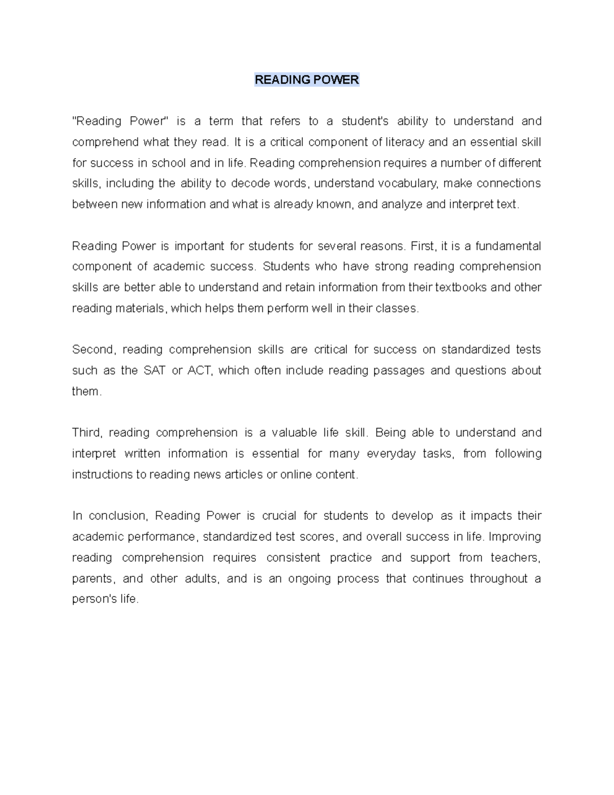 Reading Power, Class Notes for Students - READING POWER "Reading Power ...