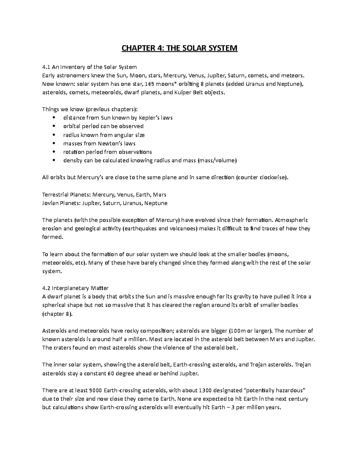 Chapter 4 Notes - Prof: Mark Lubrick - CHAPTER 4: THE SOLAR SYSTEM 4 An ...