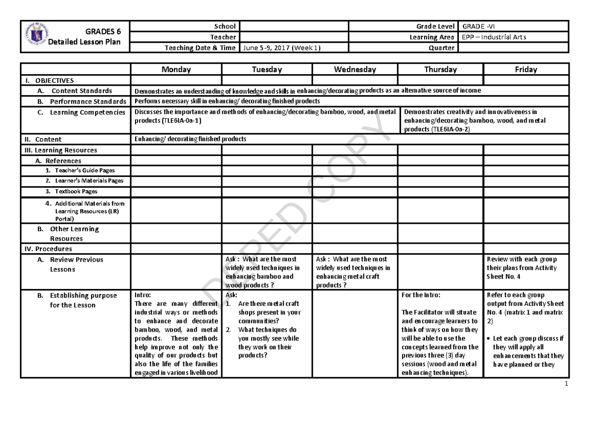 DLP-TLE-IA (WEEK 1) - Industrial Arts Daily Lesson Log - DEPED COPY ...