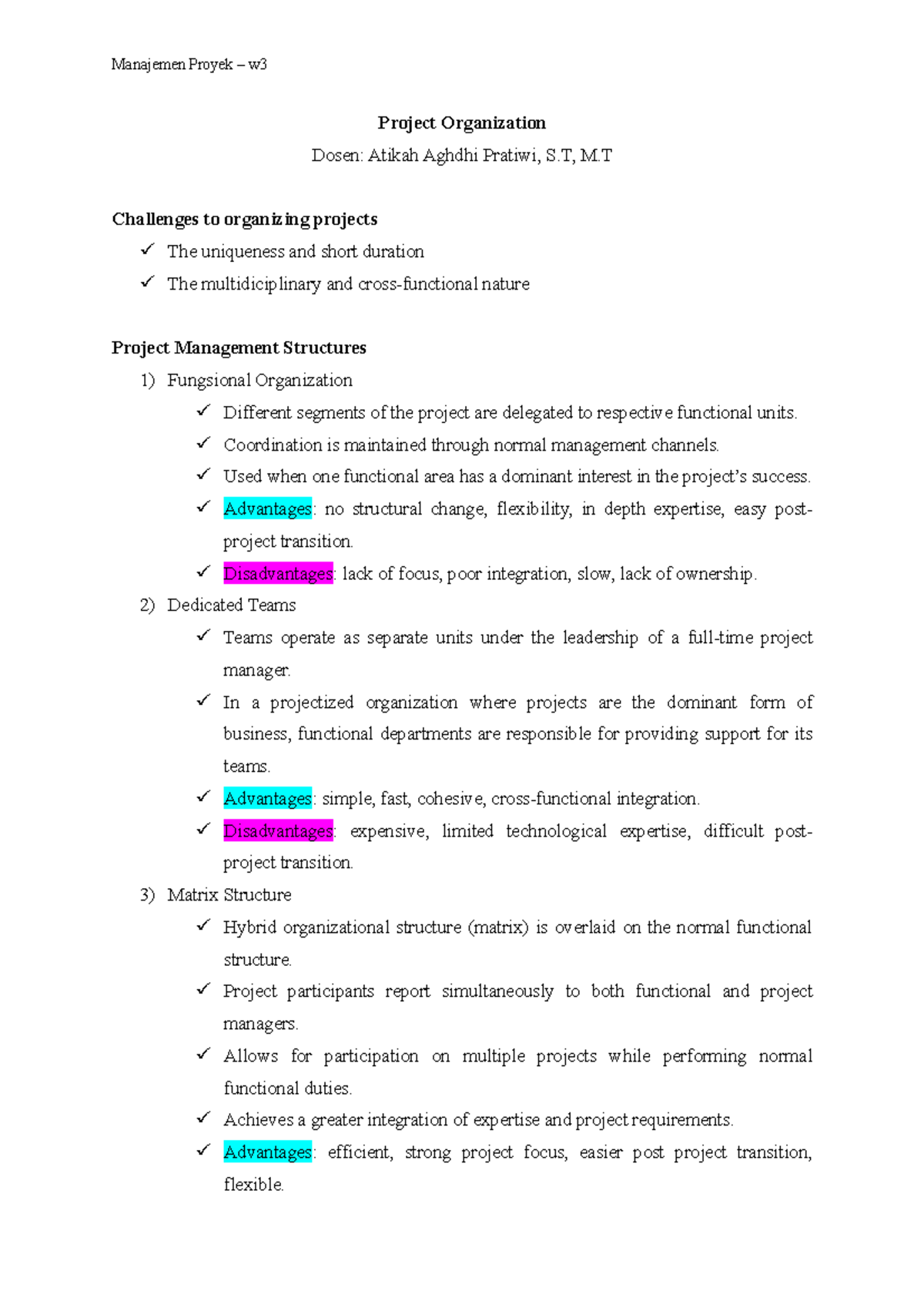 Project Organization - Catatan kuliah minggu ke-3 mata kuliah manajemen ...