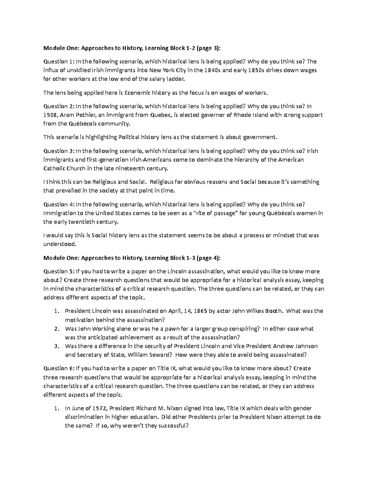 Mod 1 Short Responses - Module One: Approaches to History, Learning ...