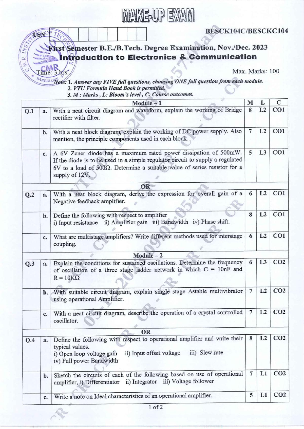 Make-Up VTU Question Paper of Besck 104C Introduction to Electronics ...
