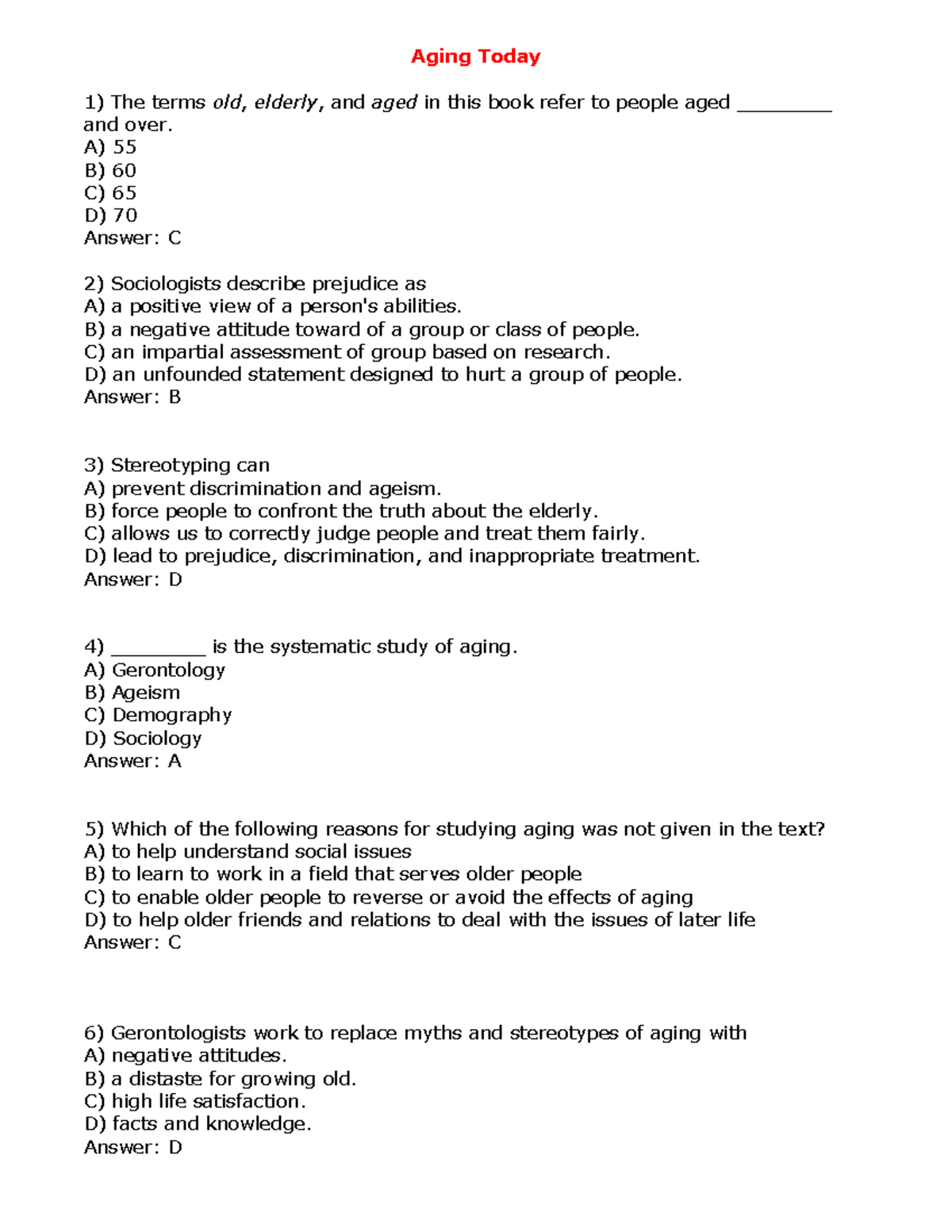 Issues in Aging Today - Sociology-Exams - Aging Today The terms old ...