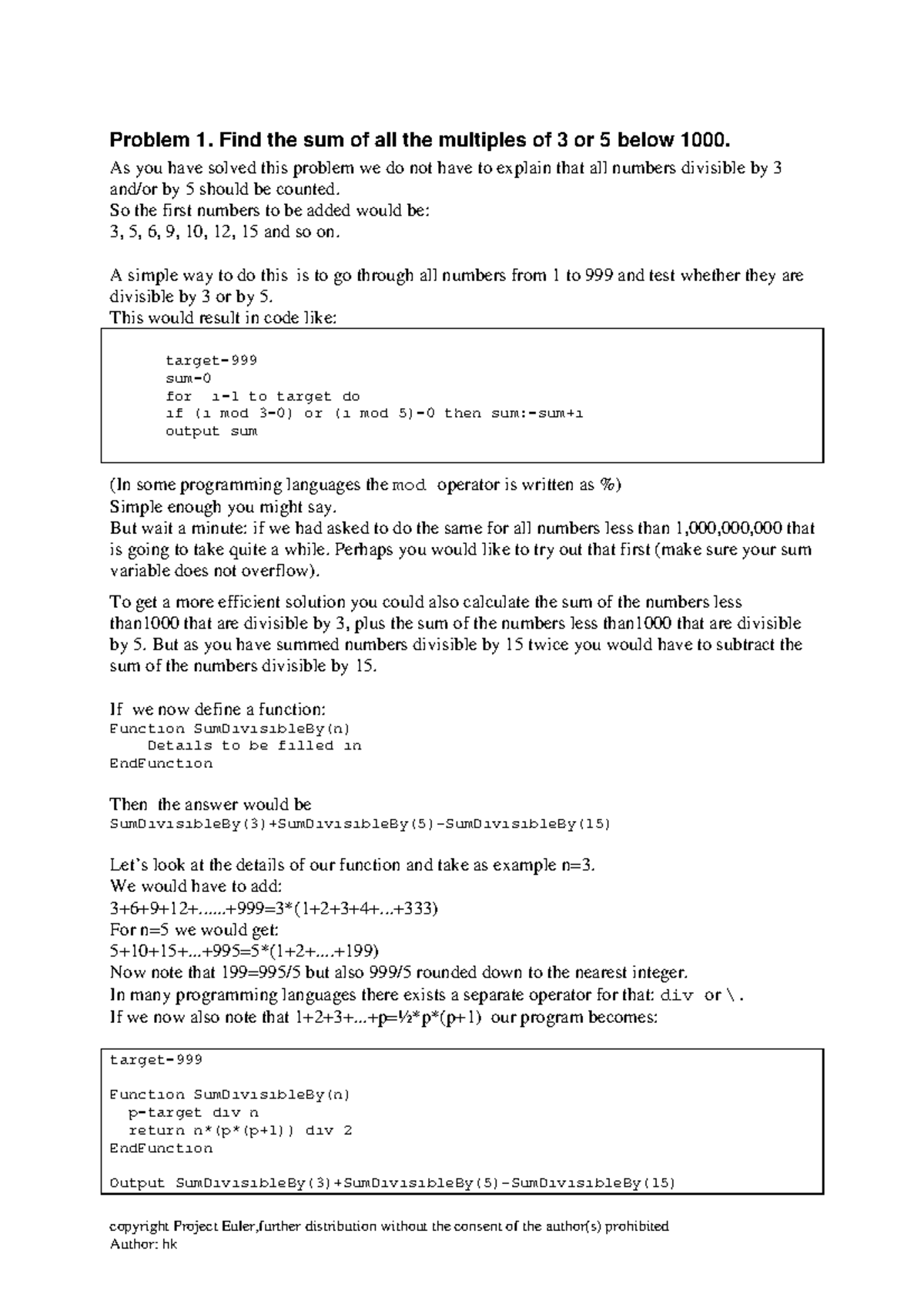 001 overview - Lecture notes 1 - Problem 1. Find the sum of all the ...