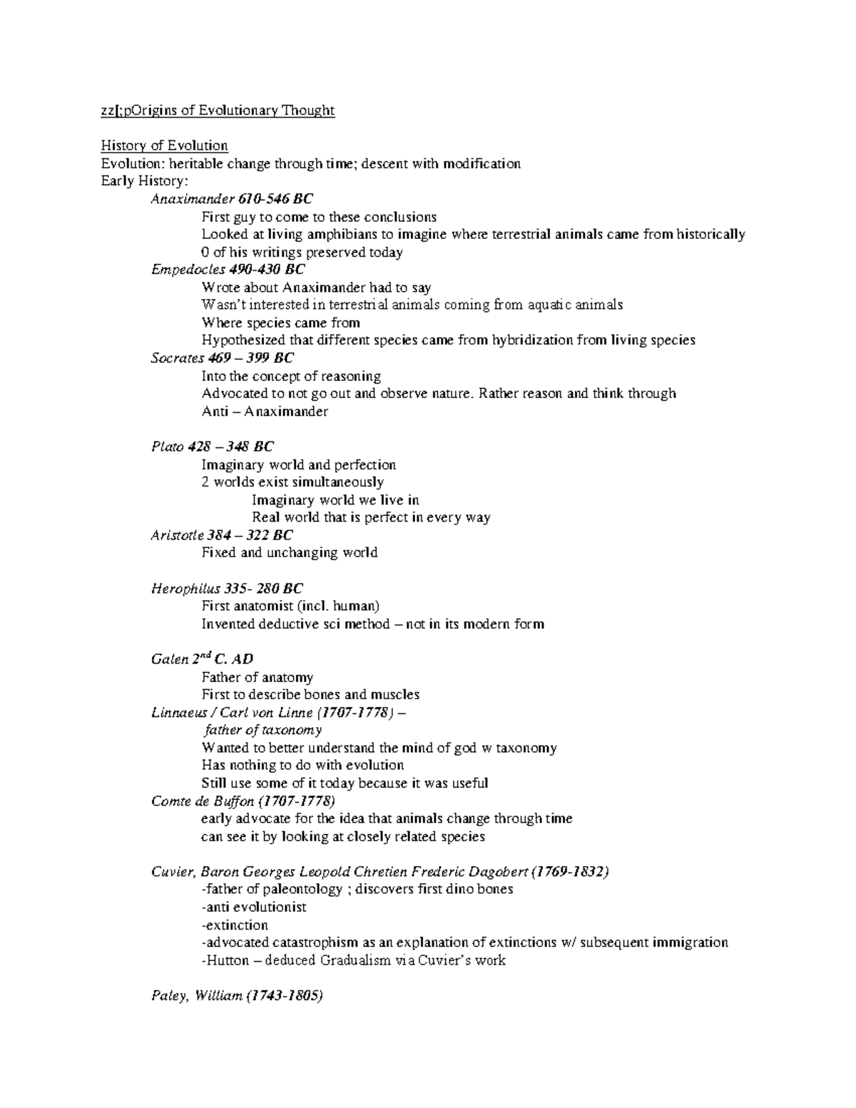 Human Evolution Notes - zz[;pOrigins of Evolutionary Thought History of ...