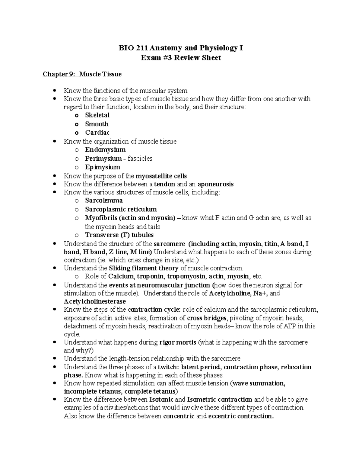 Exam #3 Review Sheet 2022(1) - BIO 211 Anatomy and Physiology I Exam #3 ...